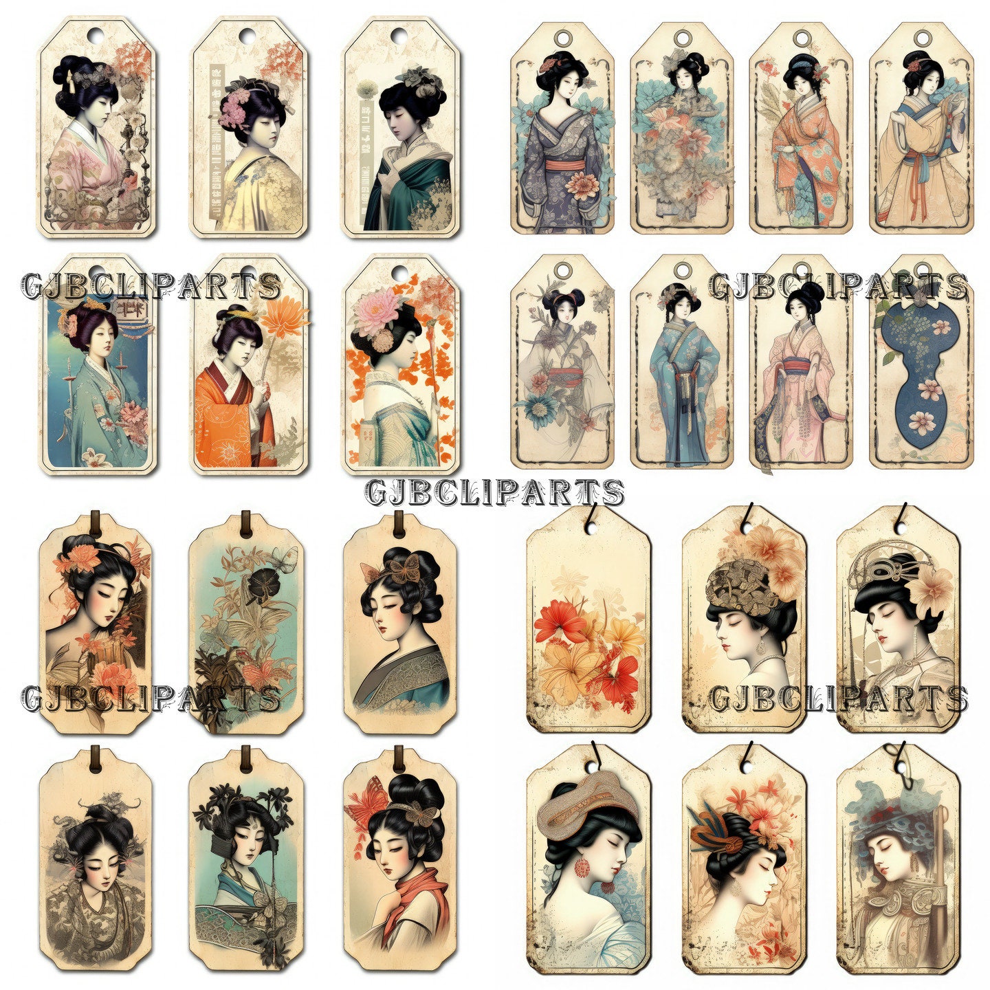 Geisha Clipart Ornamental Tag Beautiful Vintage Tags With - Etsy