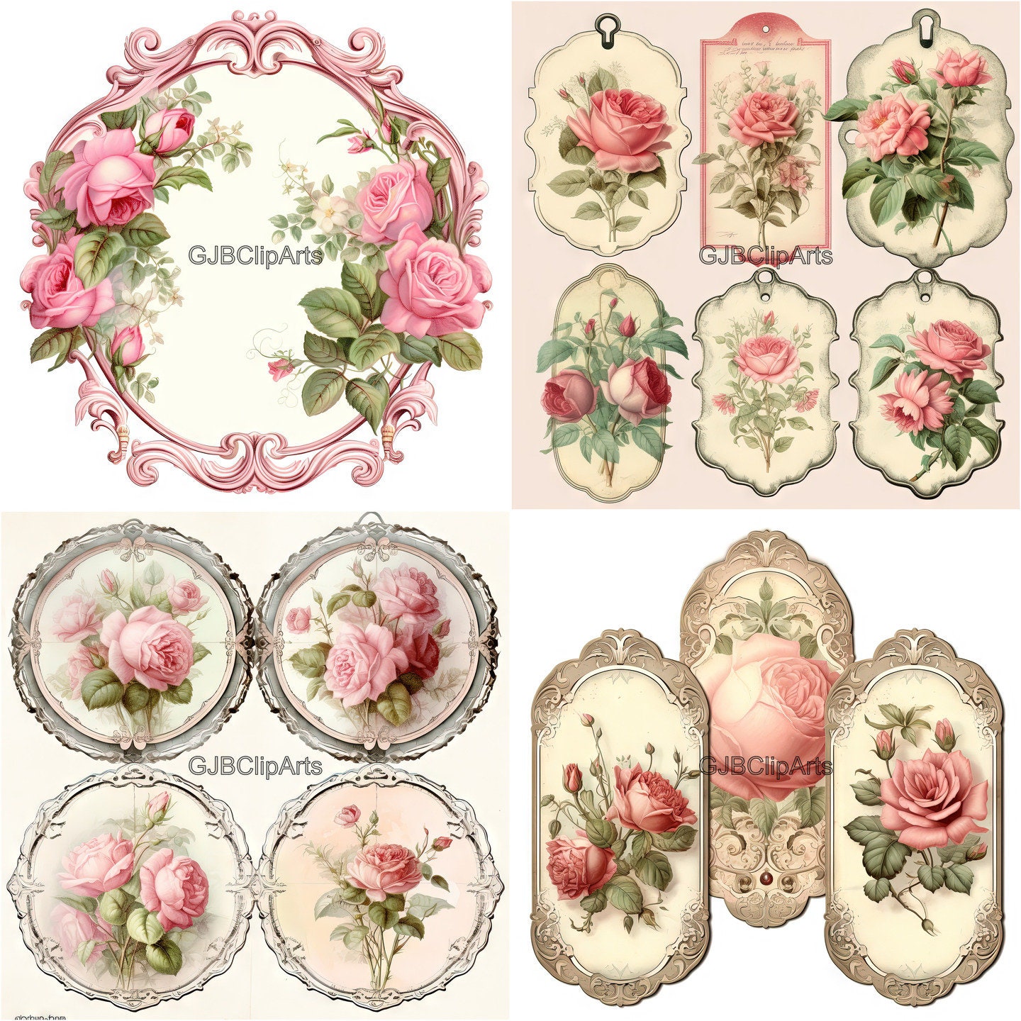 Vintage Labels With Pink Roses and Delicate Vines Digital Clipart ...