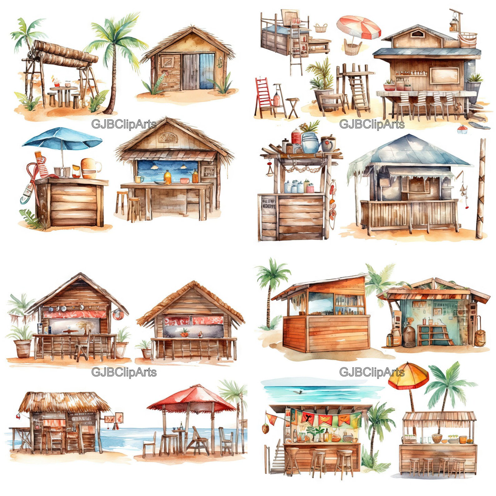 Watercolor Beach Bars Clipart, Beach Hut Clipart, Scrapbooks Die Cuts ...