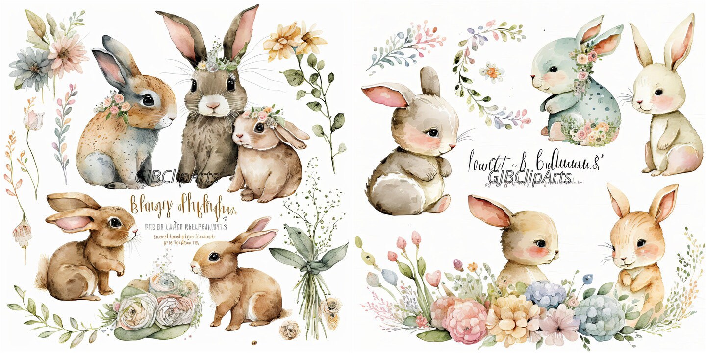 Rabbit Art: Baby Bunny Watercolor Clipart for Easter, Nursery Decor ...
