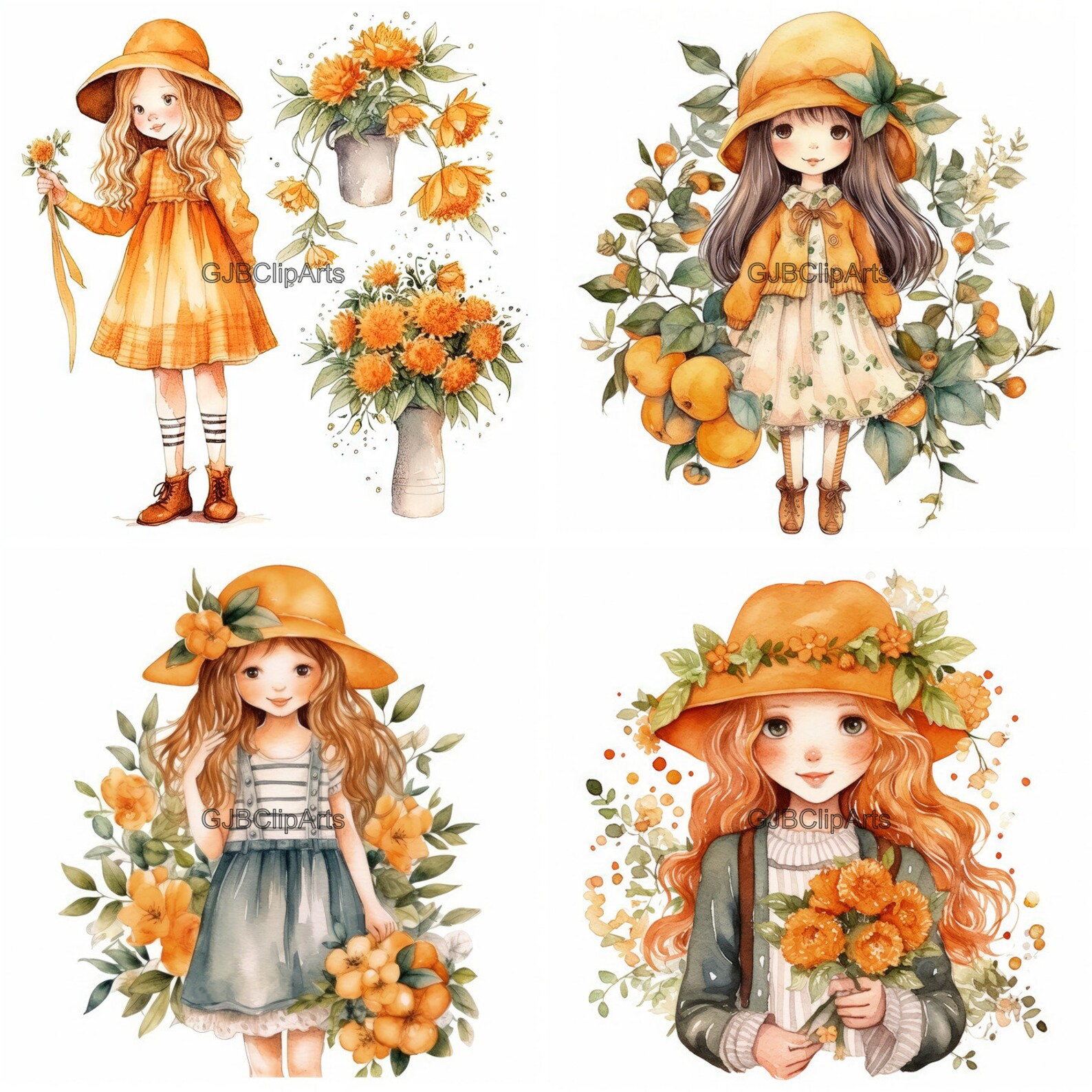 Watercolor Holly Hobbie Girl in Orange Dress Clipart, Journaling Tools ...
