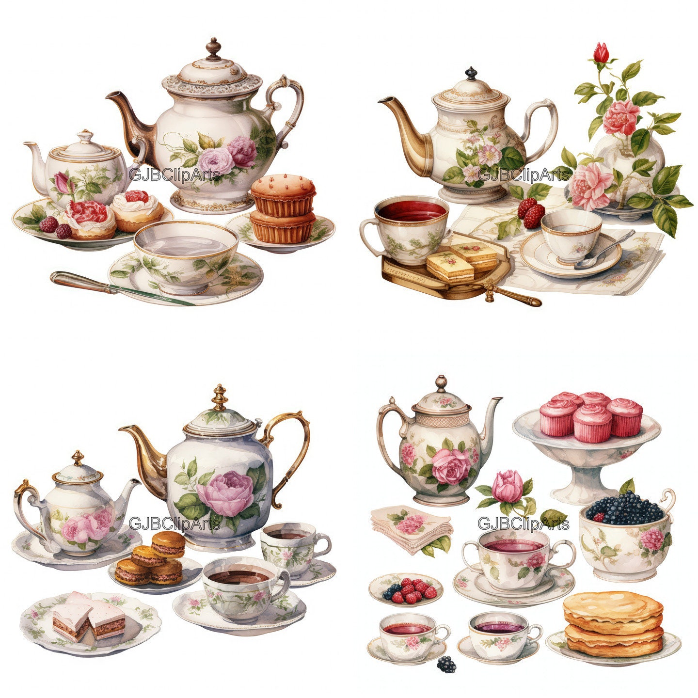 Old Fashioned Tea Set Clipart, Tea Party Elements Collection Clipart ...