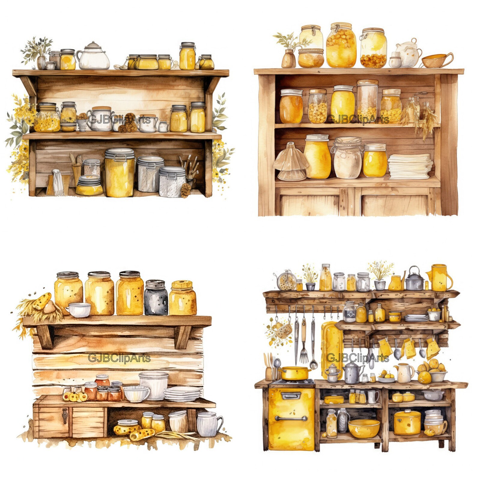 Yellow Watercolor Cottagecore Kitchen Clipart, Magical Countryside ...