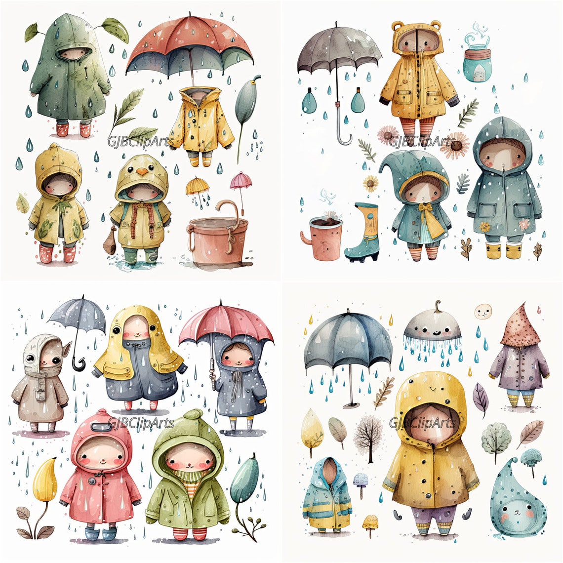 Whimsical Cartoon Collection Rain Gear Watercolor Clipart, Umbrellas ...