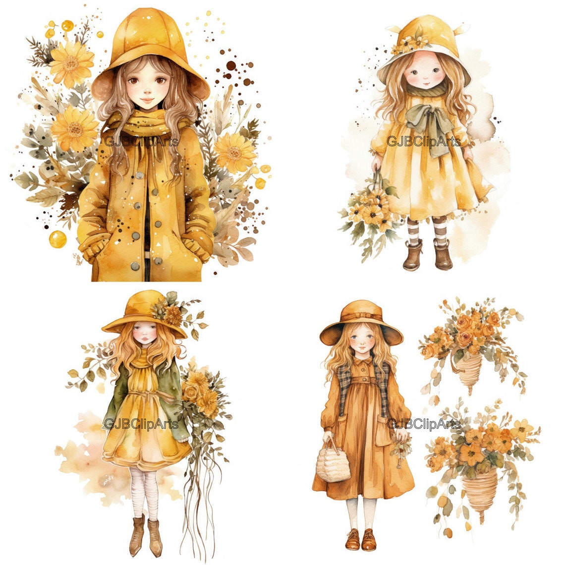 Watercolor Holly Hobbie Girl in Gold Dress Clipart, Junk Journaling ...