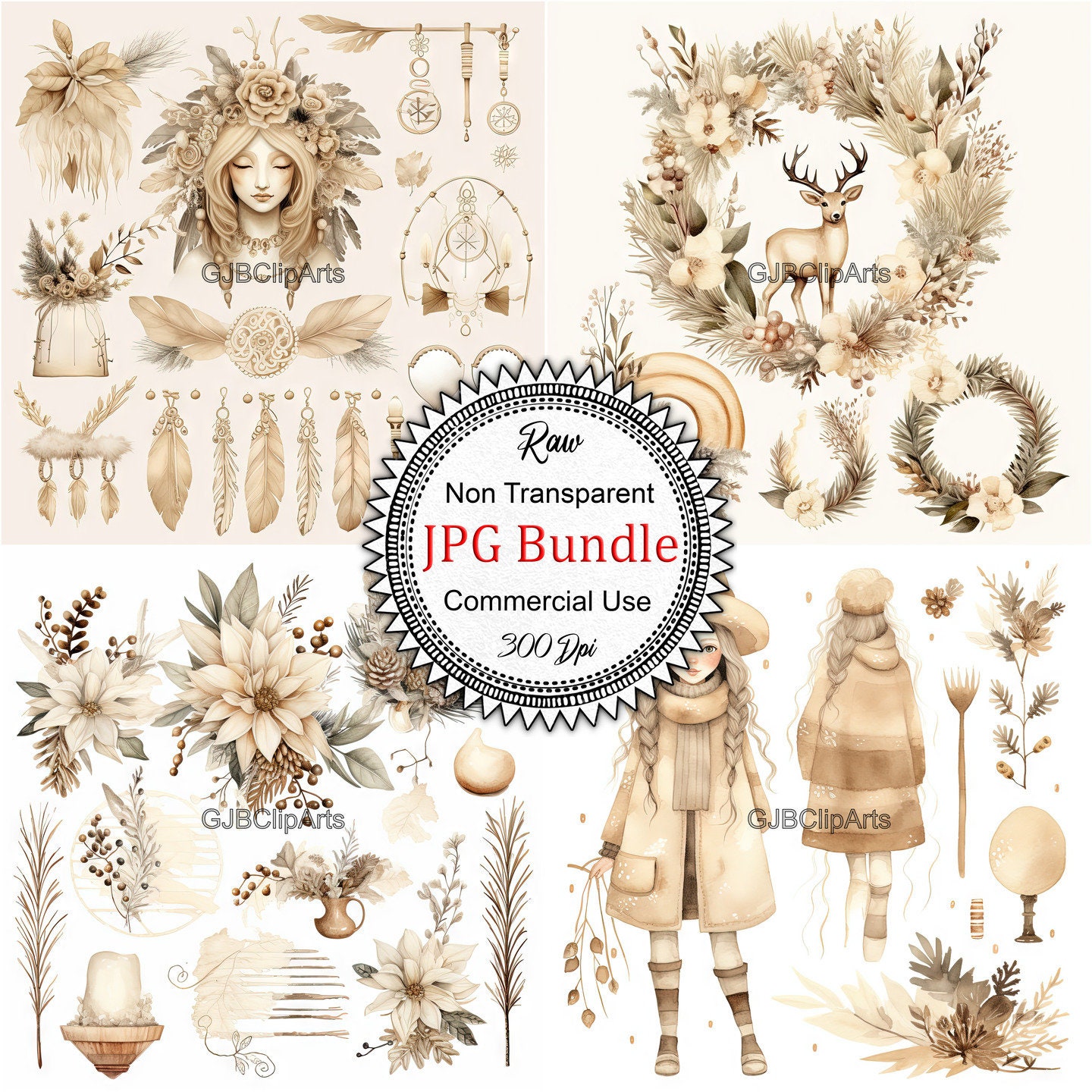 Boho Christmas Clipart Digital Stickers, Digital Clipart, Printable ...