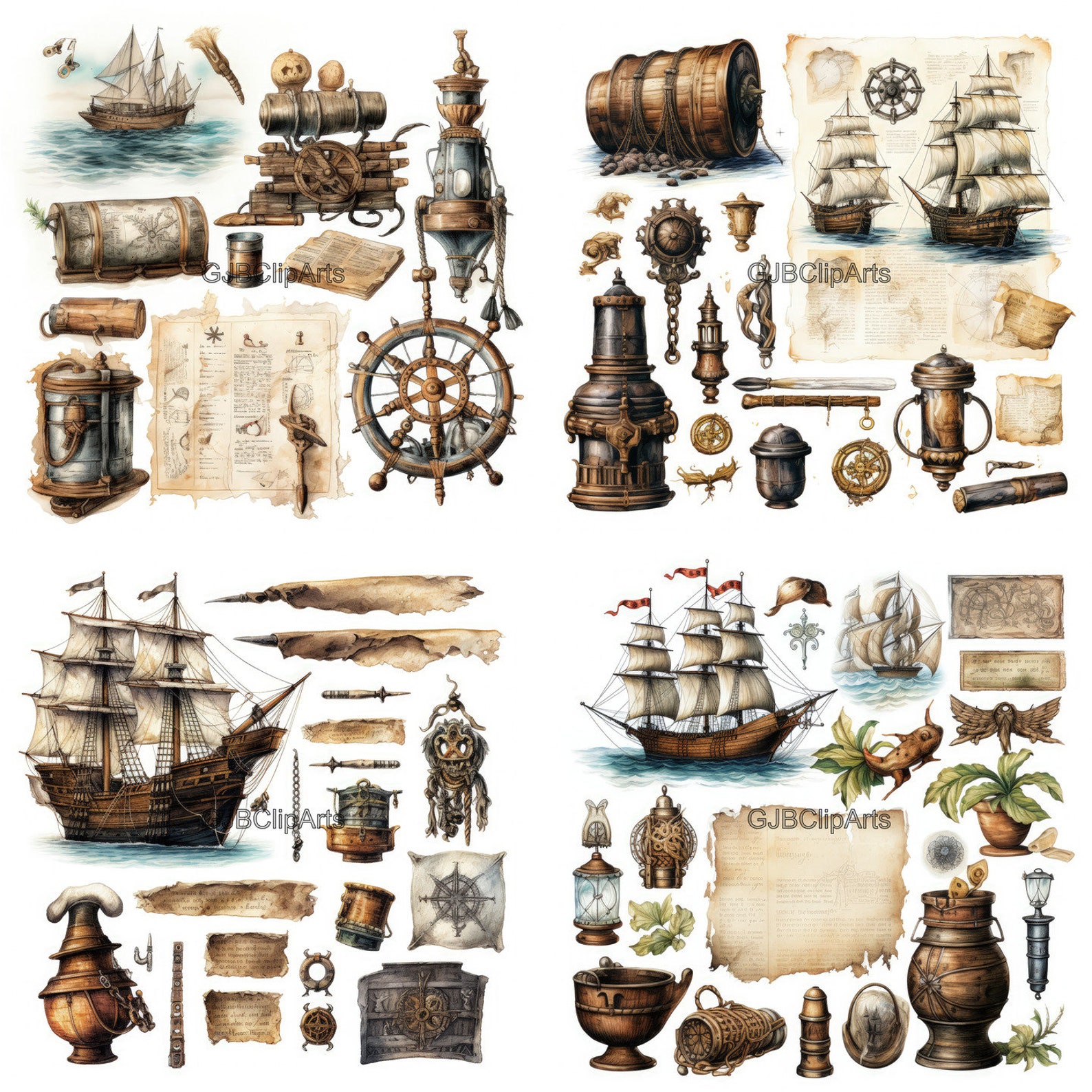 Vintage Pirates Junk Journal Kit Clipart, Pirate Ship Clipart Treasure ...