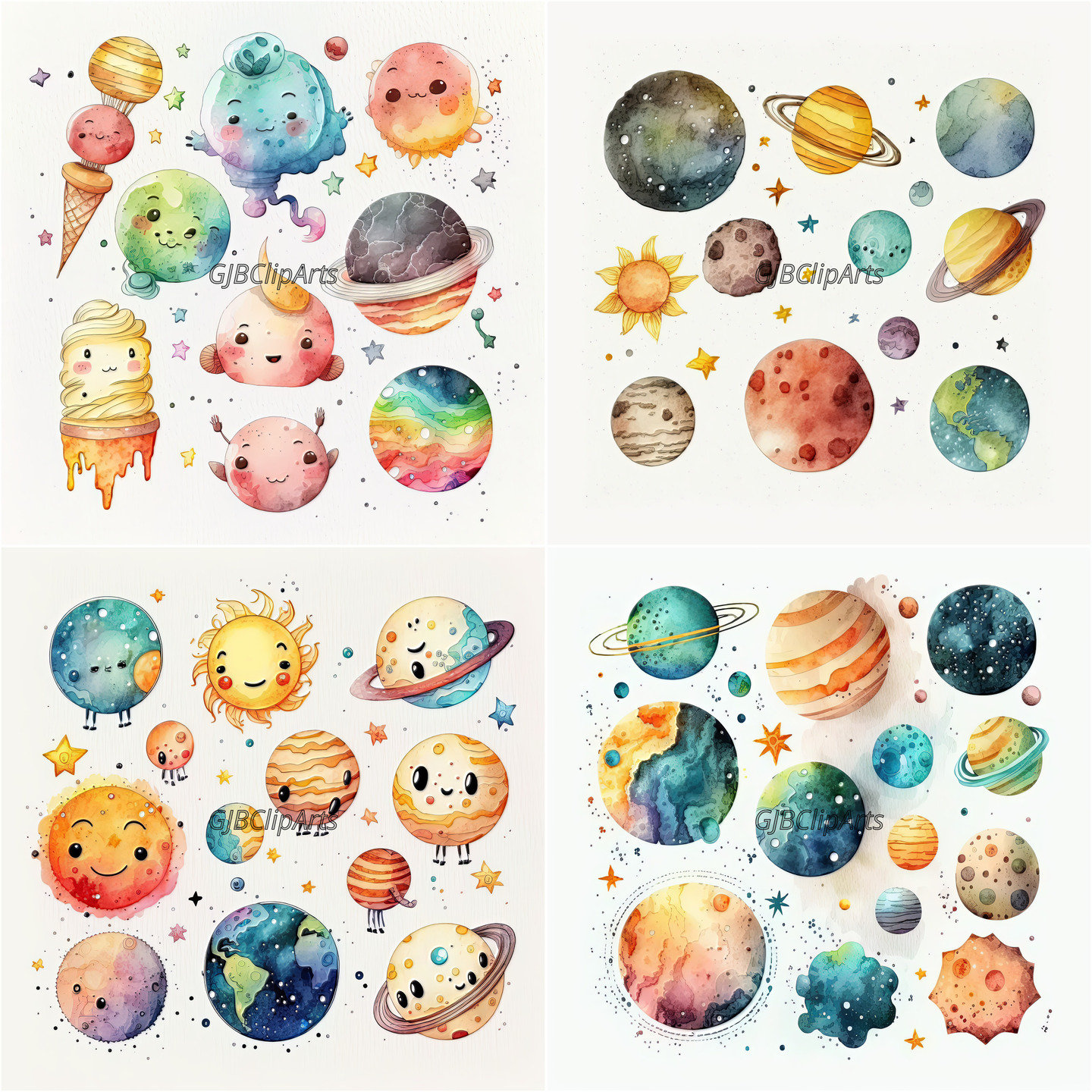 Whimsical Planets and Space Watercolor Collection With Margins ...