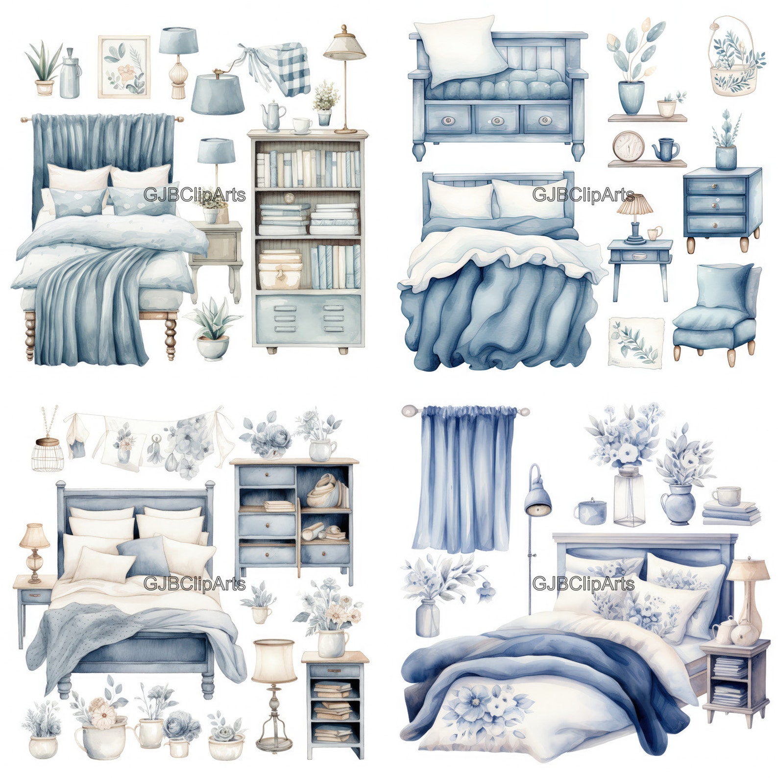 Blue and Ivory Girls Bedroom Clipart, Bedroom Decor Clipart, Junk ...