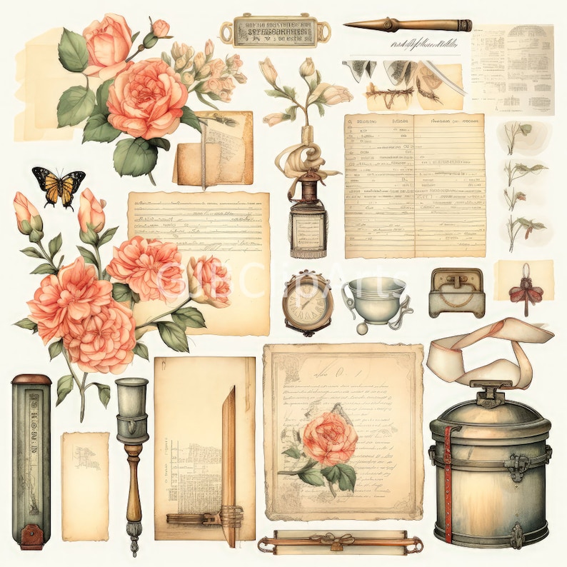 Vintage Printable Shabby Junk Journal Kit Clipart, Tea Cup Clipart ...