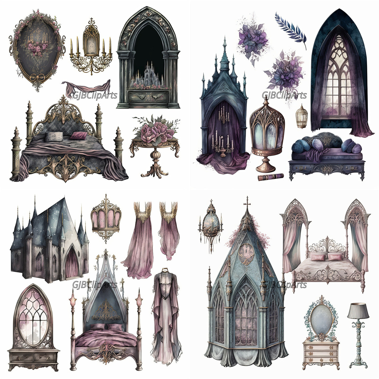 Enigmatic Gothic Princess Room Collection Clipart: Watercolor Gothic ...