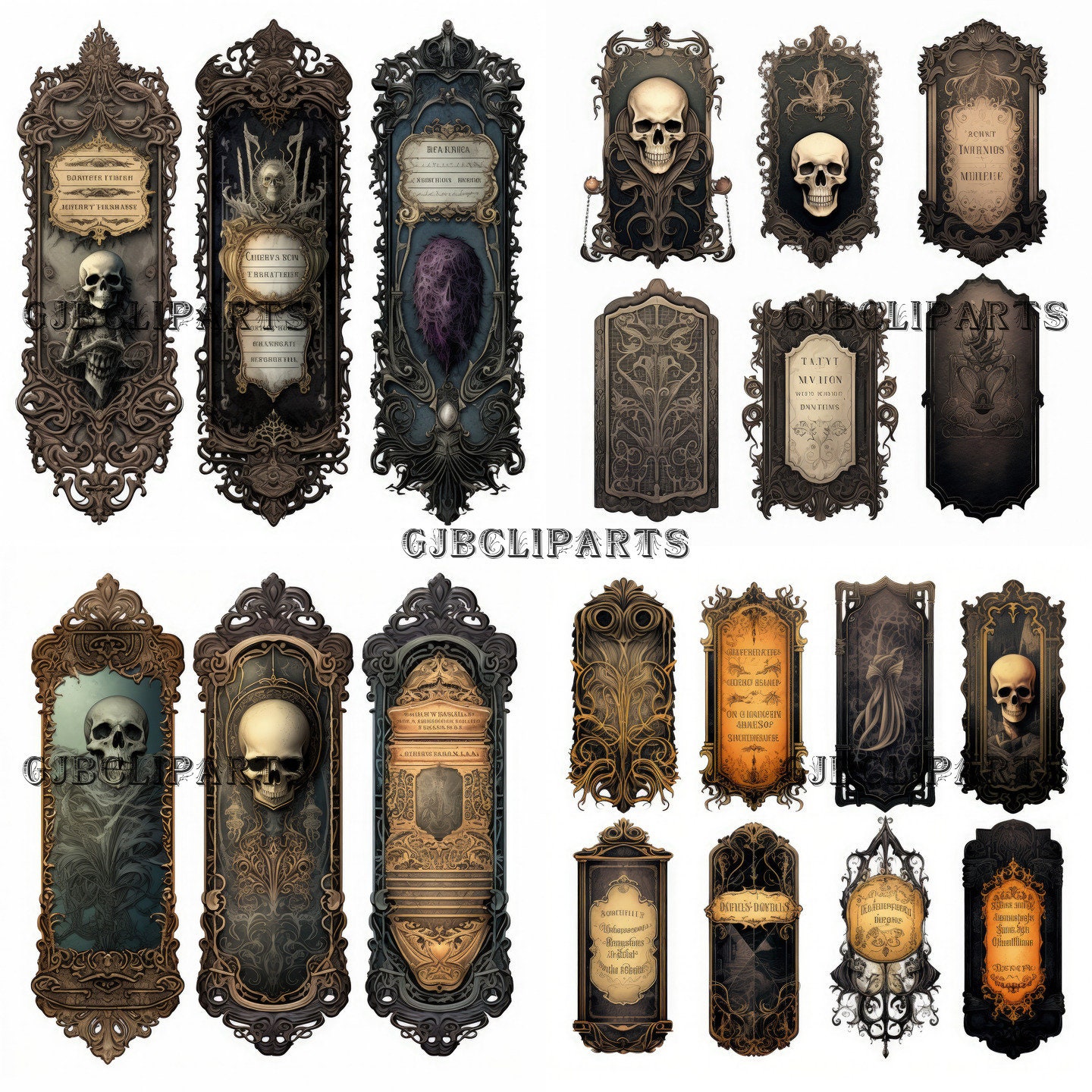 Dark Spooky Tall Ornate Labels, Junk Journal Book Vintage Clipart ...