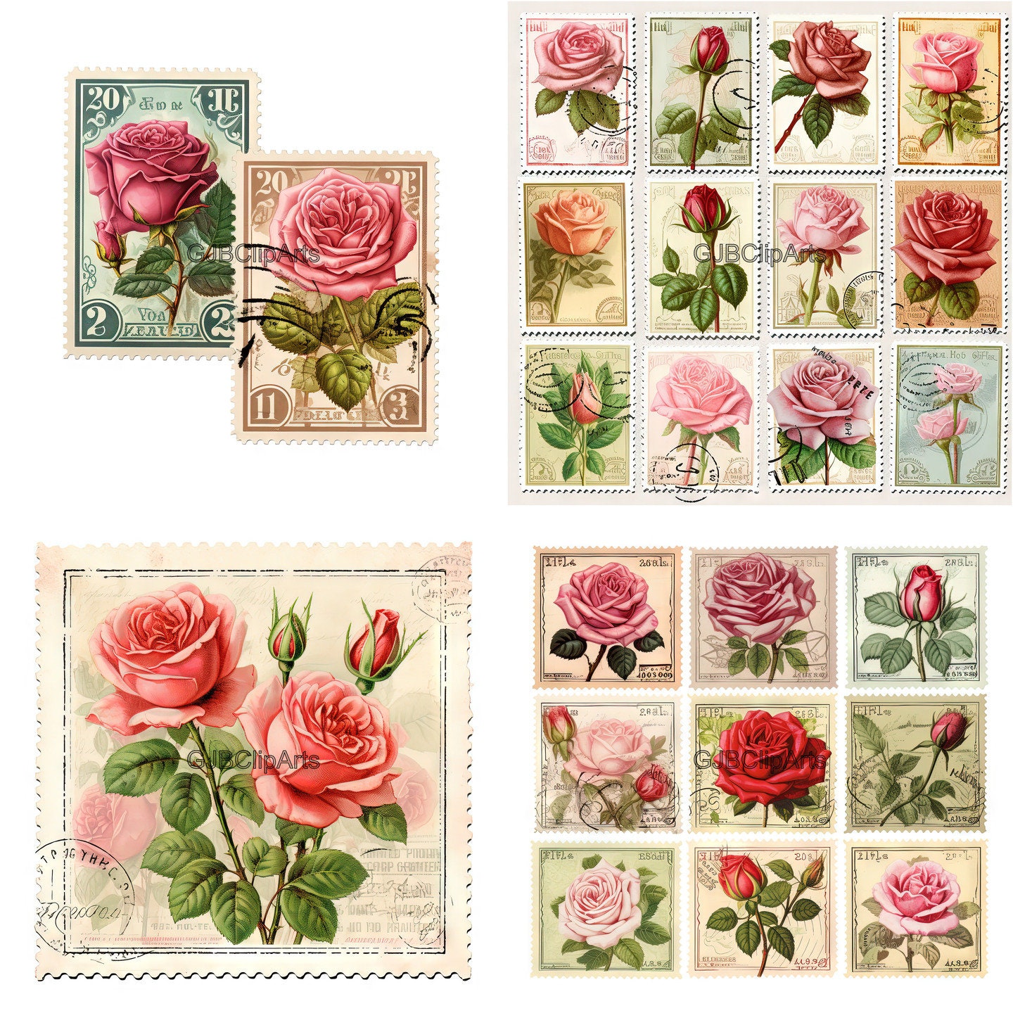Vintage Postage Stamps With Pink Roses and Delicate Vines,digital ...