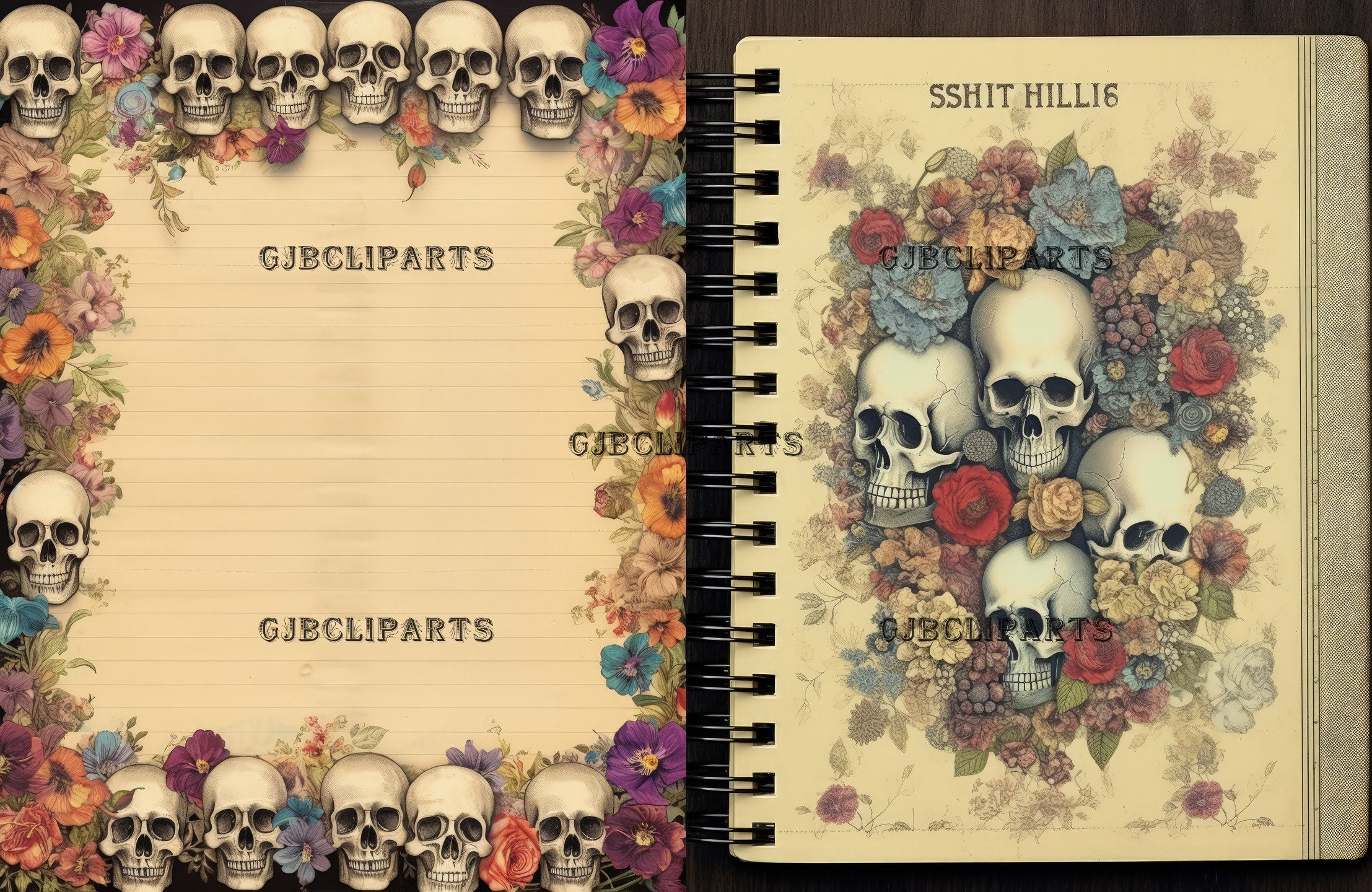 Skulls and Flowers Lined Page Clipart, Empty Journal Page Clipart ...