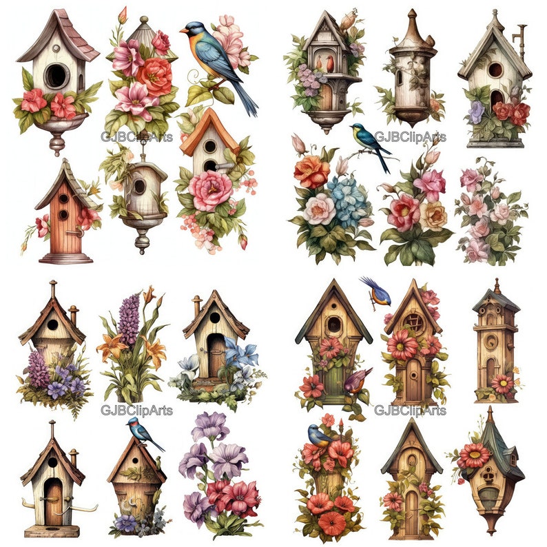 Vintage Renaissance Flowers Clipart, Flower Clipart, Birdhouse Clipart ...