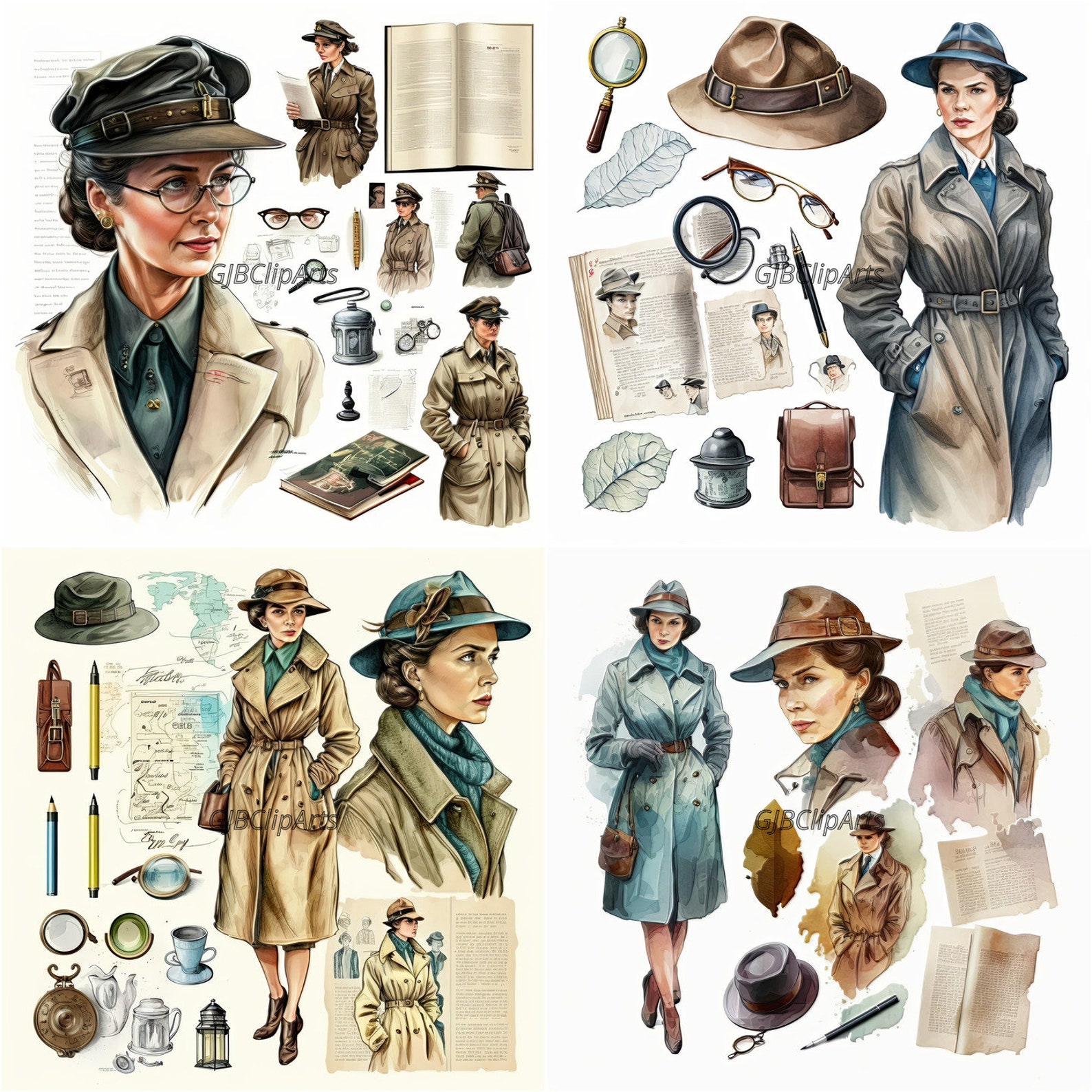 Woman Detective Collection: Watercolor Female Sleuth Illustrations ...