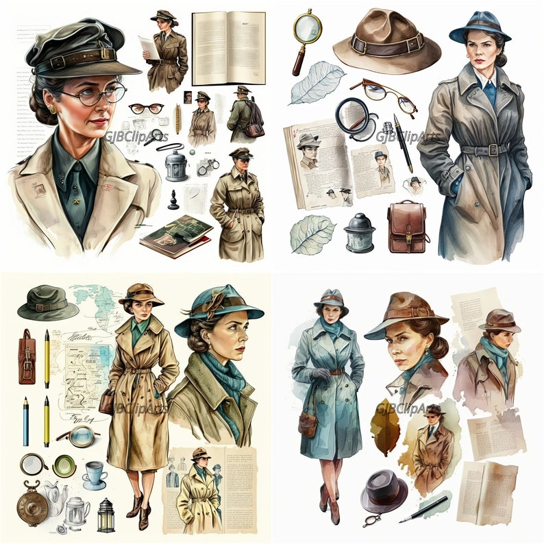 Woman Detective Collection: Watercolor Female Sleuth Illustrations ...
