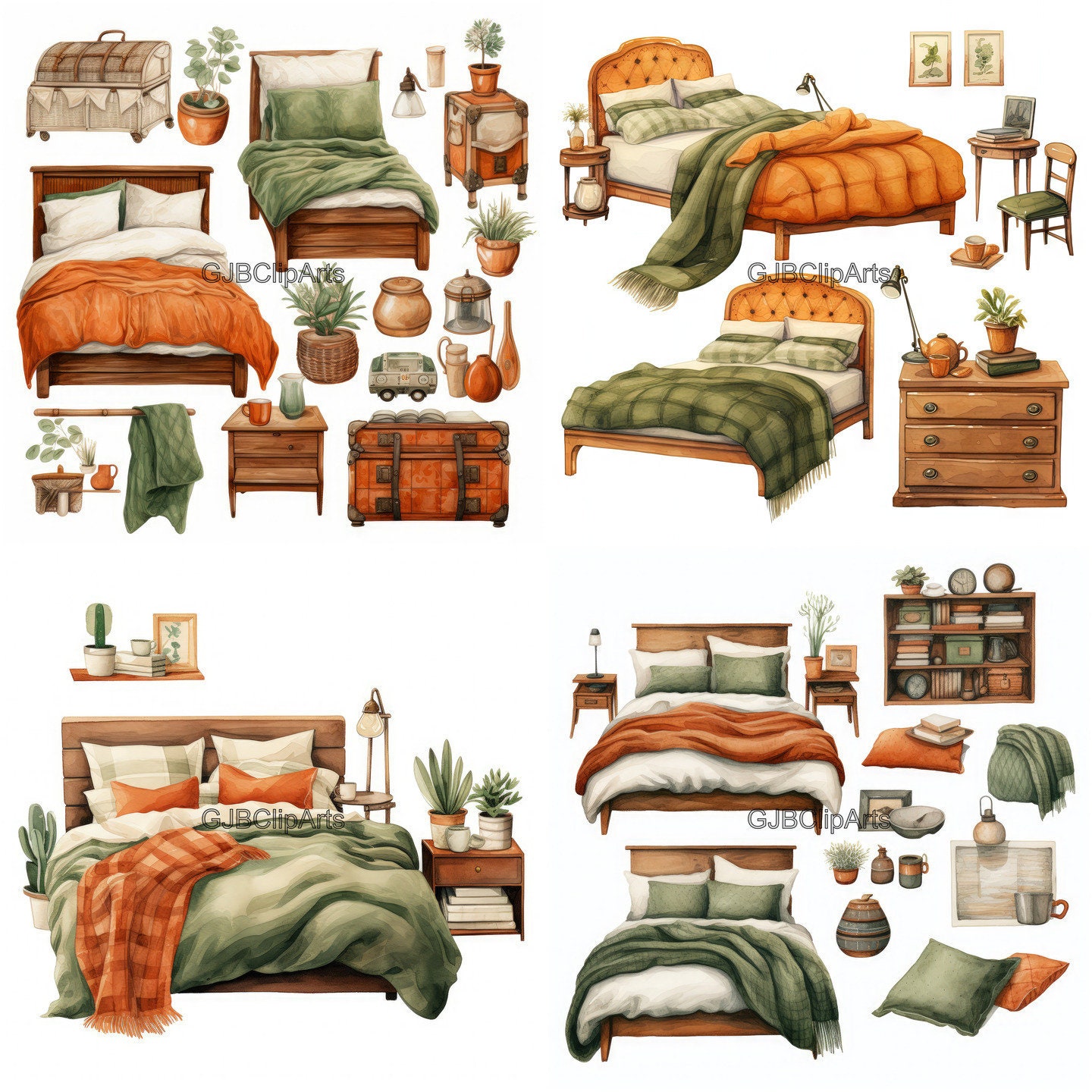 Bedroom in Orange and Green Clipart, Bedroom Decor Clipart, Journaling ...