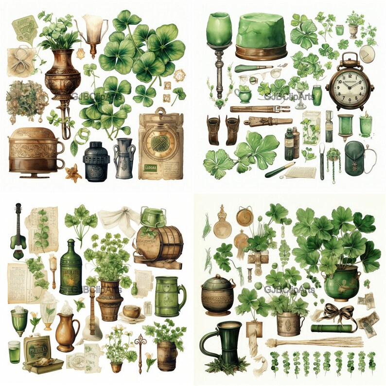 Vintage St. Patrick's Day Junk Journal Kit Clipart, Pot of Gold Clipart ...