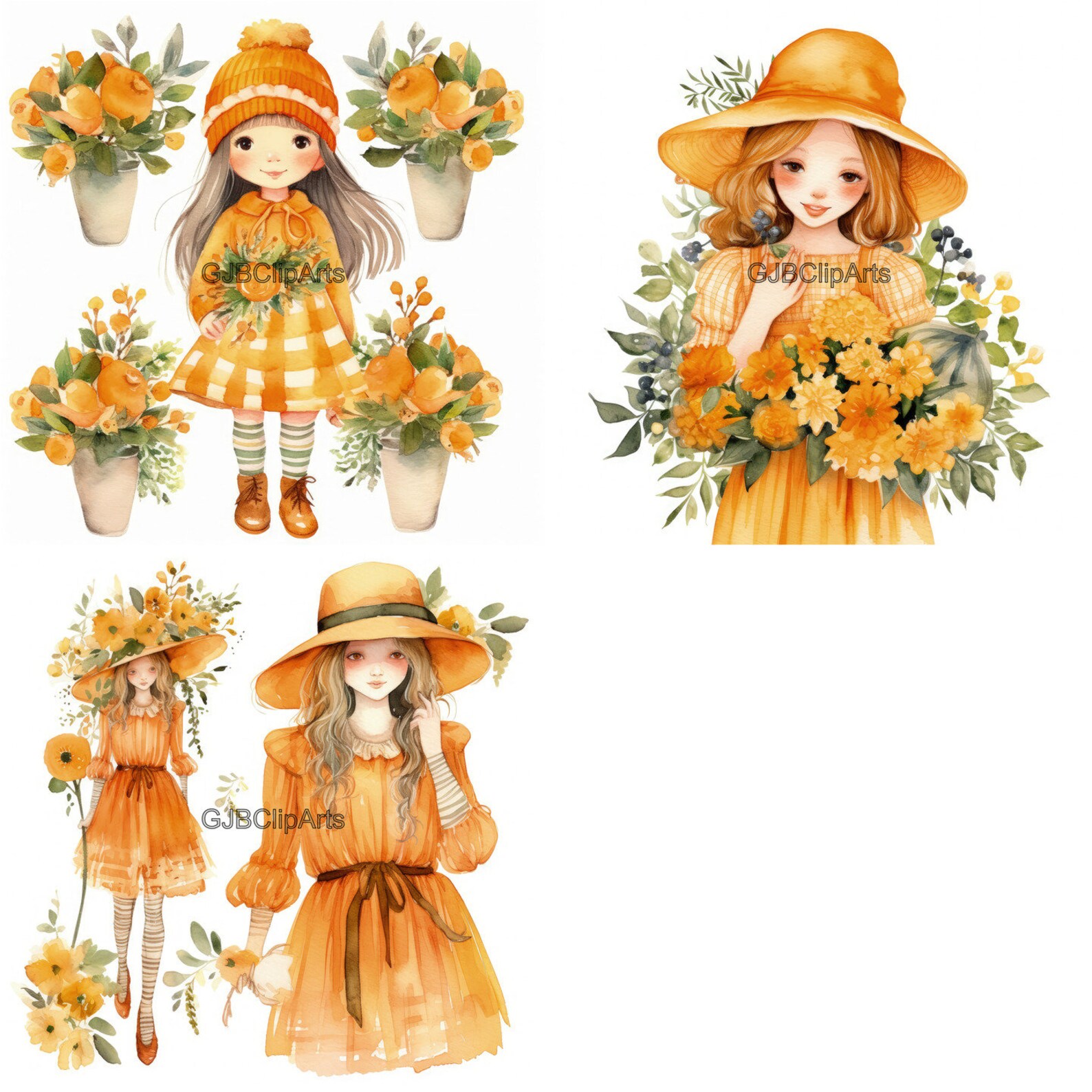 Watercolor Holly Hobbie Girl in Orange Dress Clipart, Journaling Tools ...
