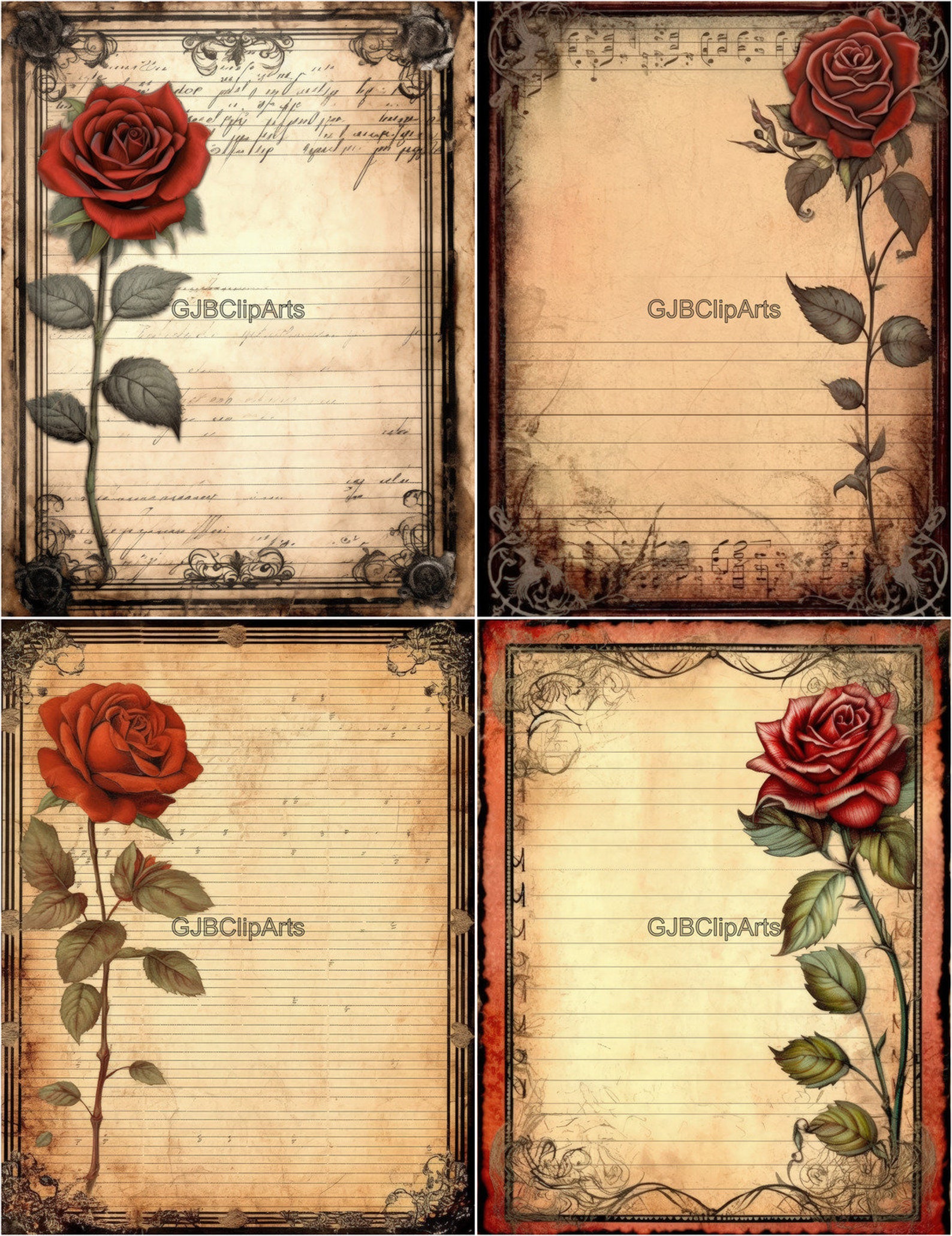 Rose Lined Page Clipart, Vintage Journal Page Clipart, Journaling ...