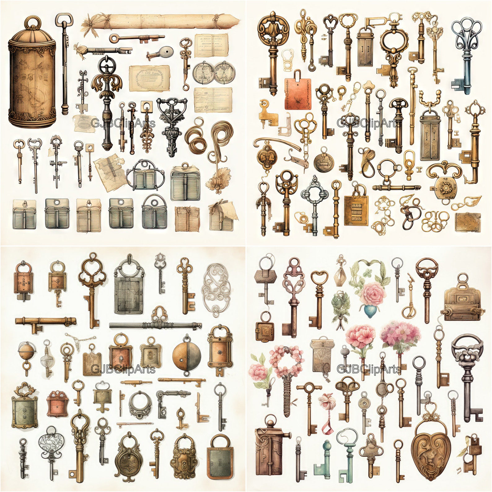 Vintage Locks and Keys Junk Journal Kit Clipart ,key Clipart, Lock ...