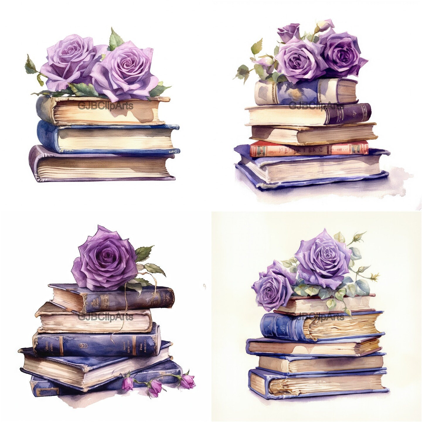 Watercolor Vintage Books With Purple Roses Clipart, Scrapbooker ...