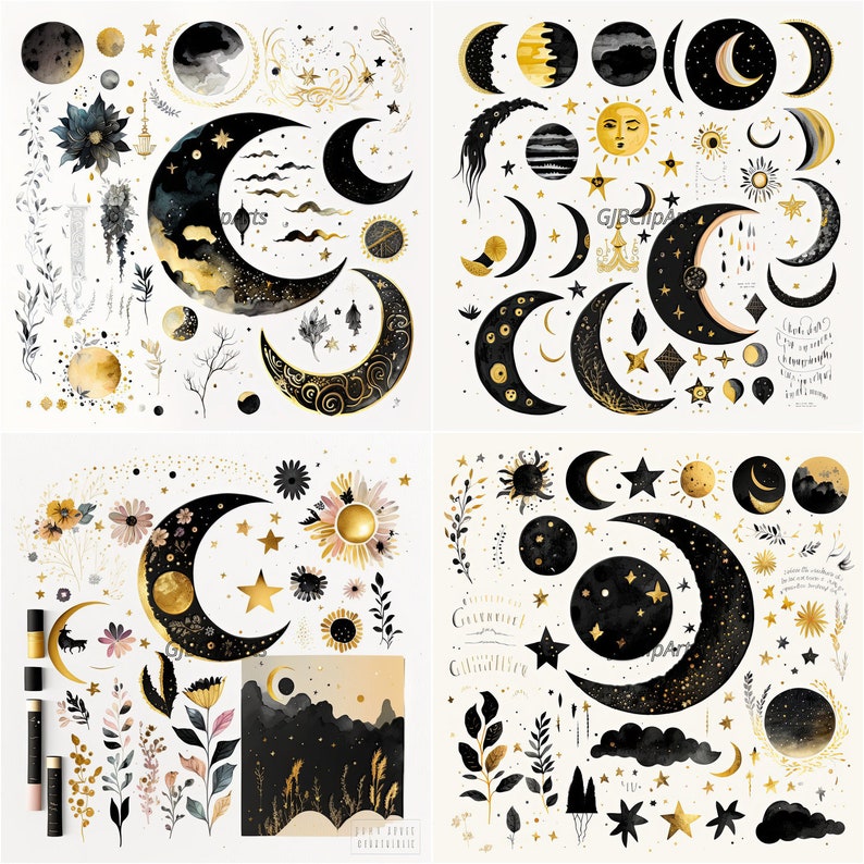 Mystical Moon Phase Collection: Black, Gold Watercolor Clip Art ...