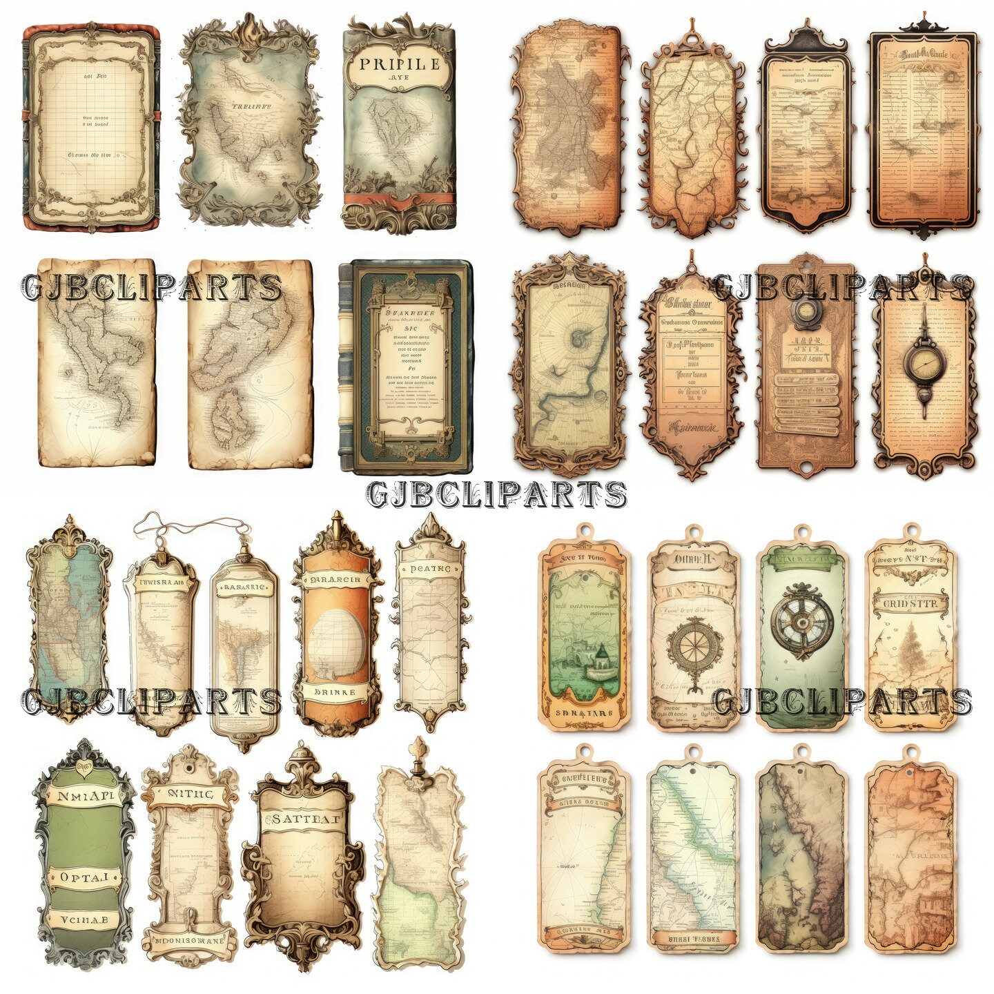 Maps Tall Ornate Labels Clipart, Junk Journal Book Clipart, Vintage ...
