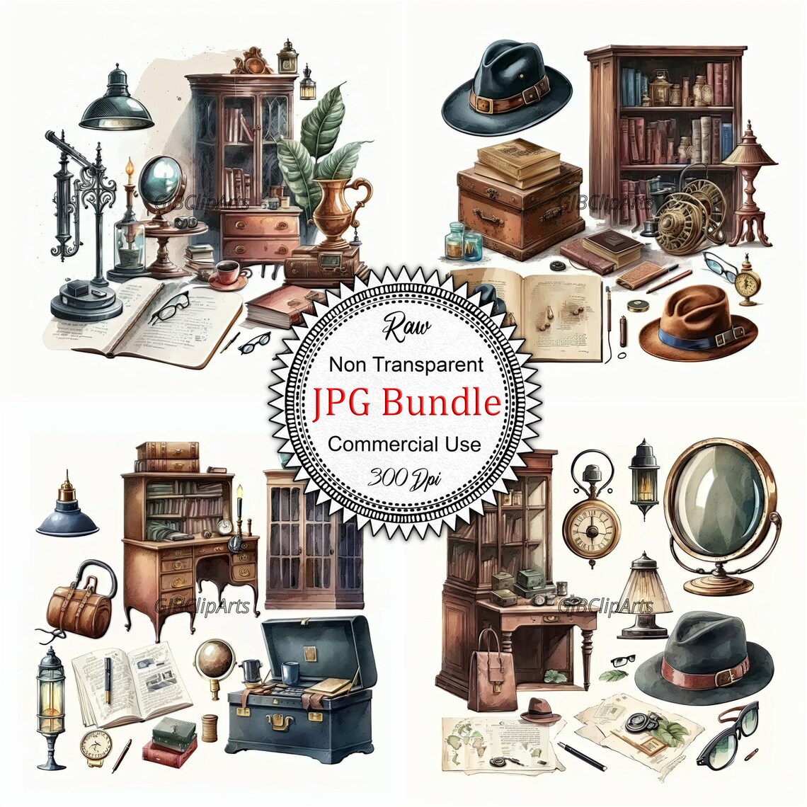 Mysterious Detective Inventory Collection Clipart: Watercolor Crime ...