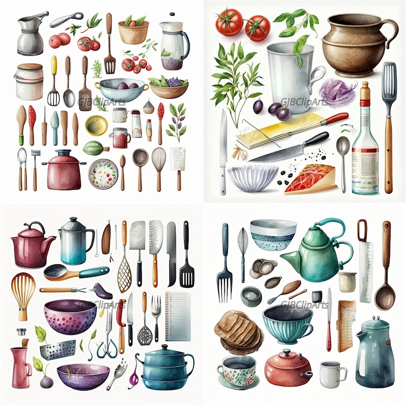 Charming Kitchen Tools Collection Clipart: Watercolor Utensils and ...