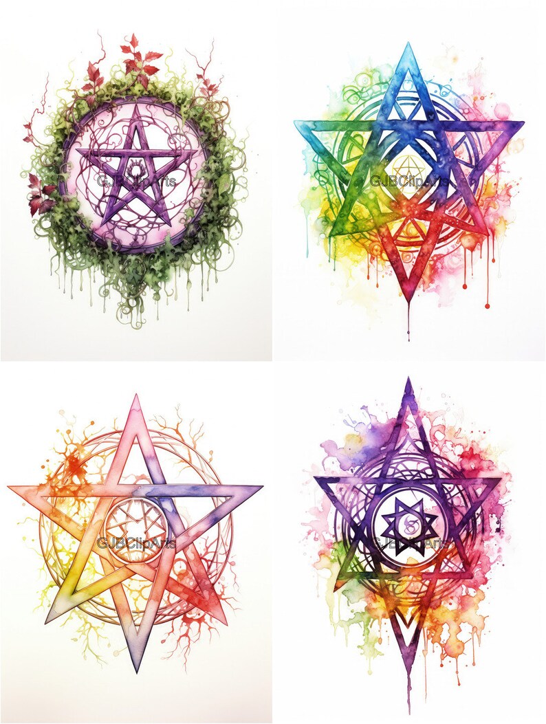 Elemental Pentacle Clipart, White Background Watercolor Style Clipart ...