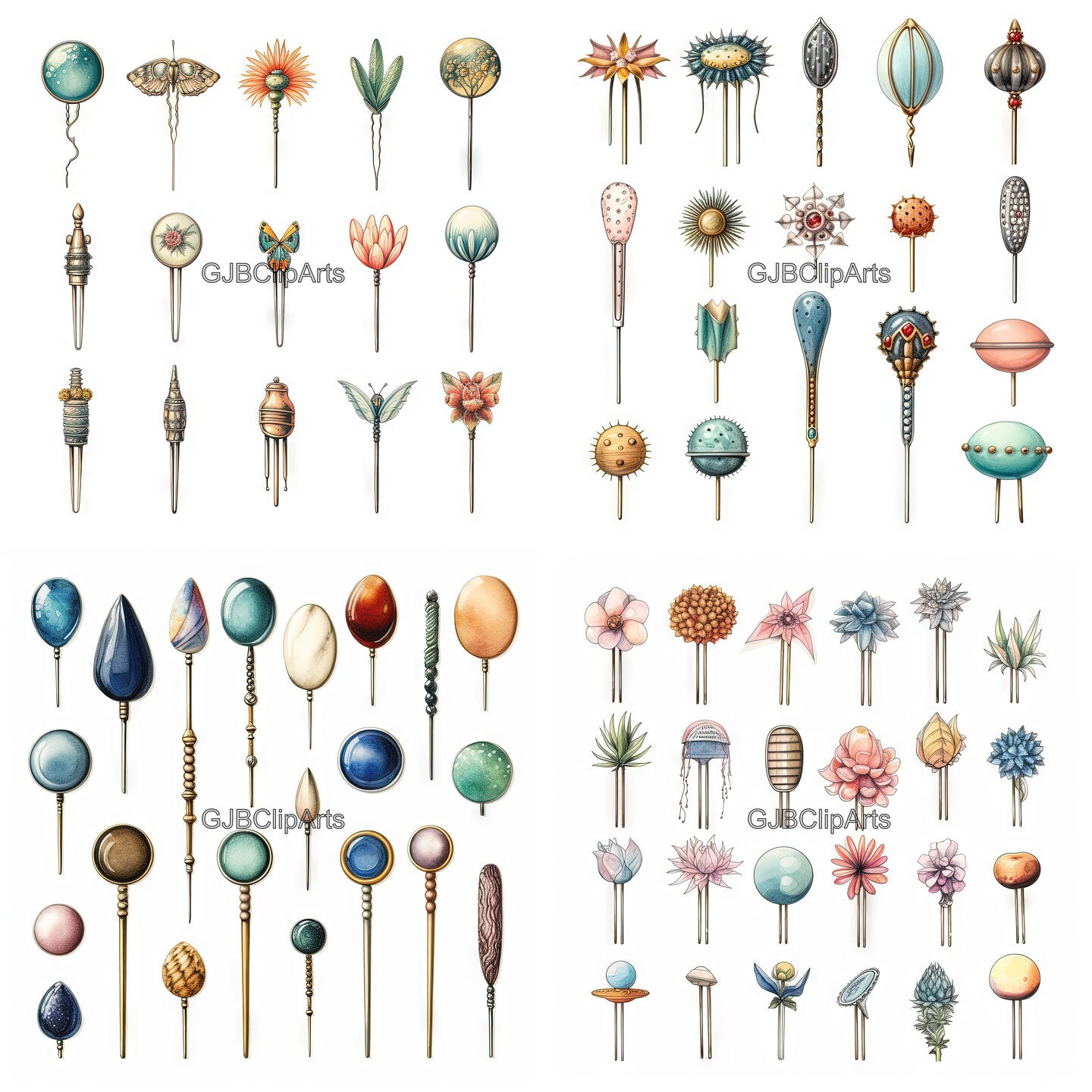 A Vintage Collection of Pins on a White Background ,digital Clipart ...