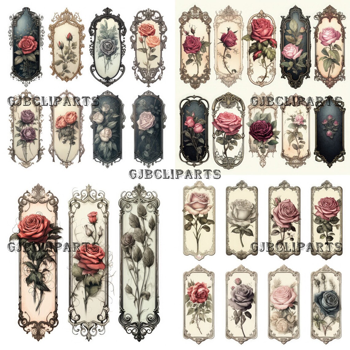 Gothic Roses Tall Ornate Labels, Junk Journal Book Vintage Clipart ...