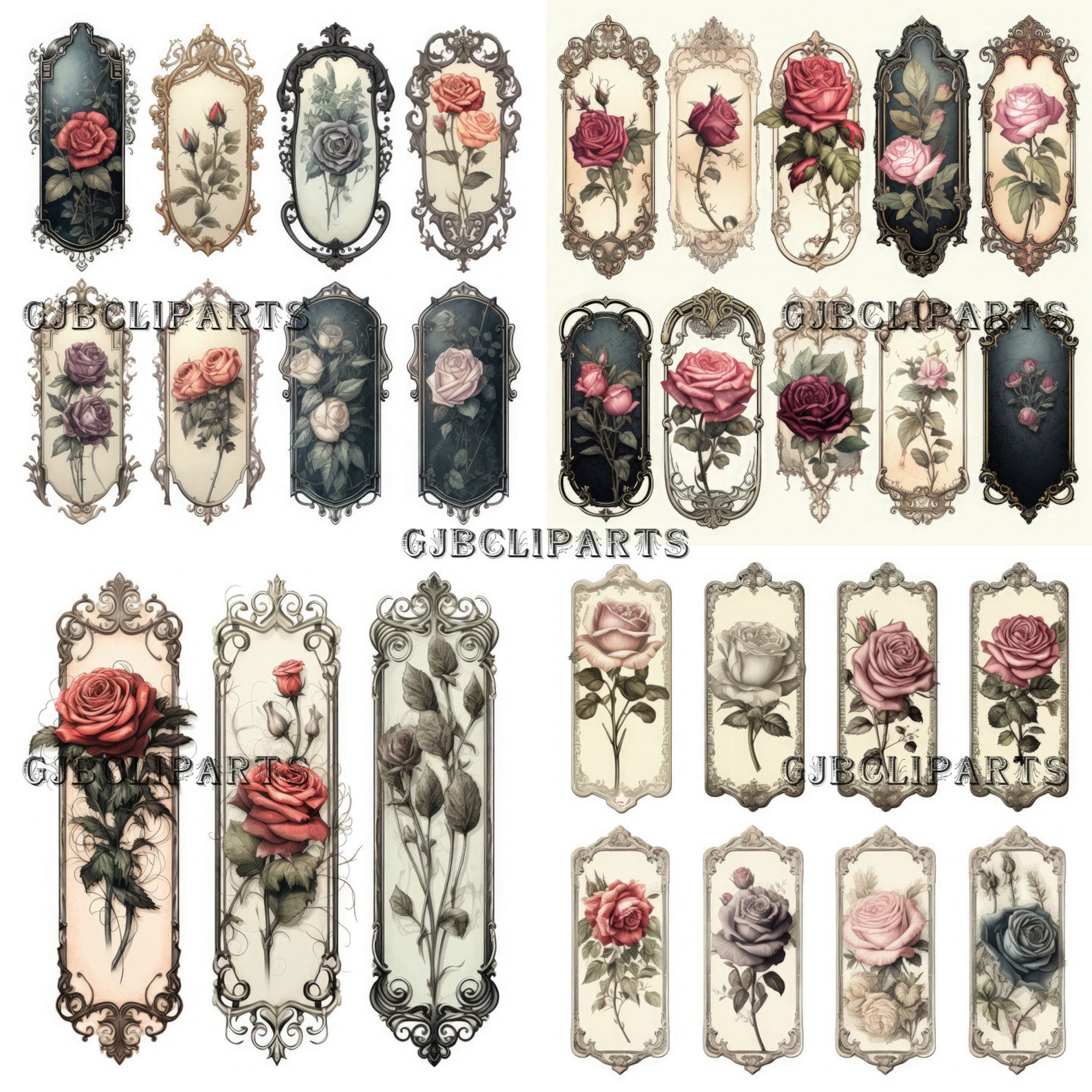 Gothic Roses Tall Ornate Labels, Junk Journal Book Vintage Clipart ...