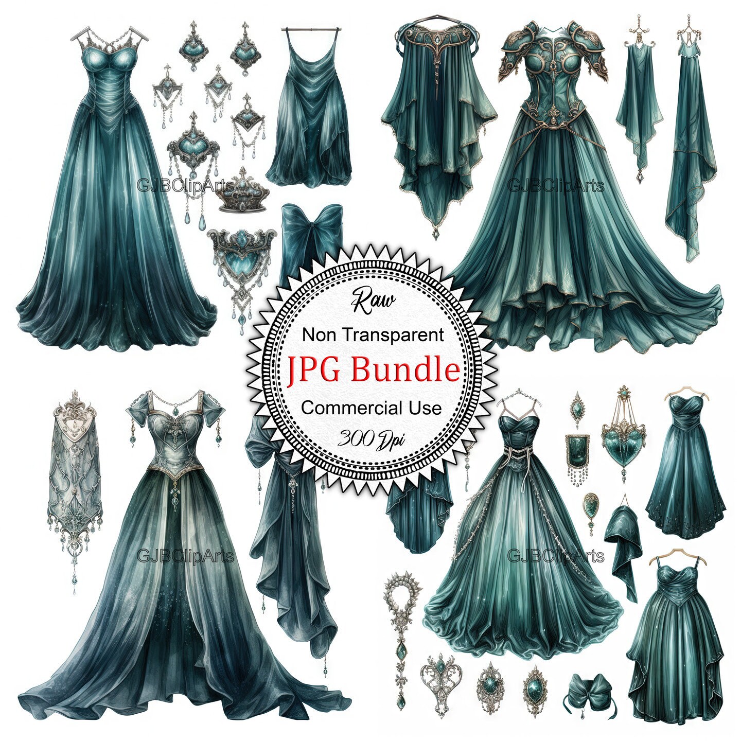 Teal and Silver Gothic Princess Clothes Clipart, Victorian Dress ...