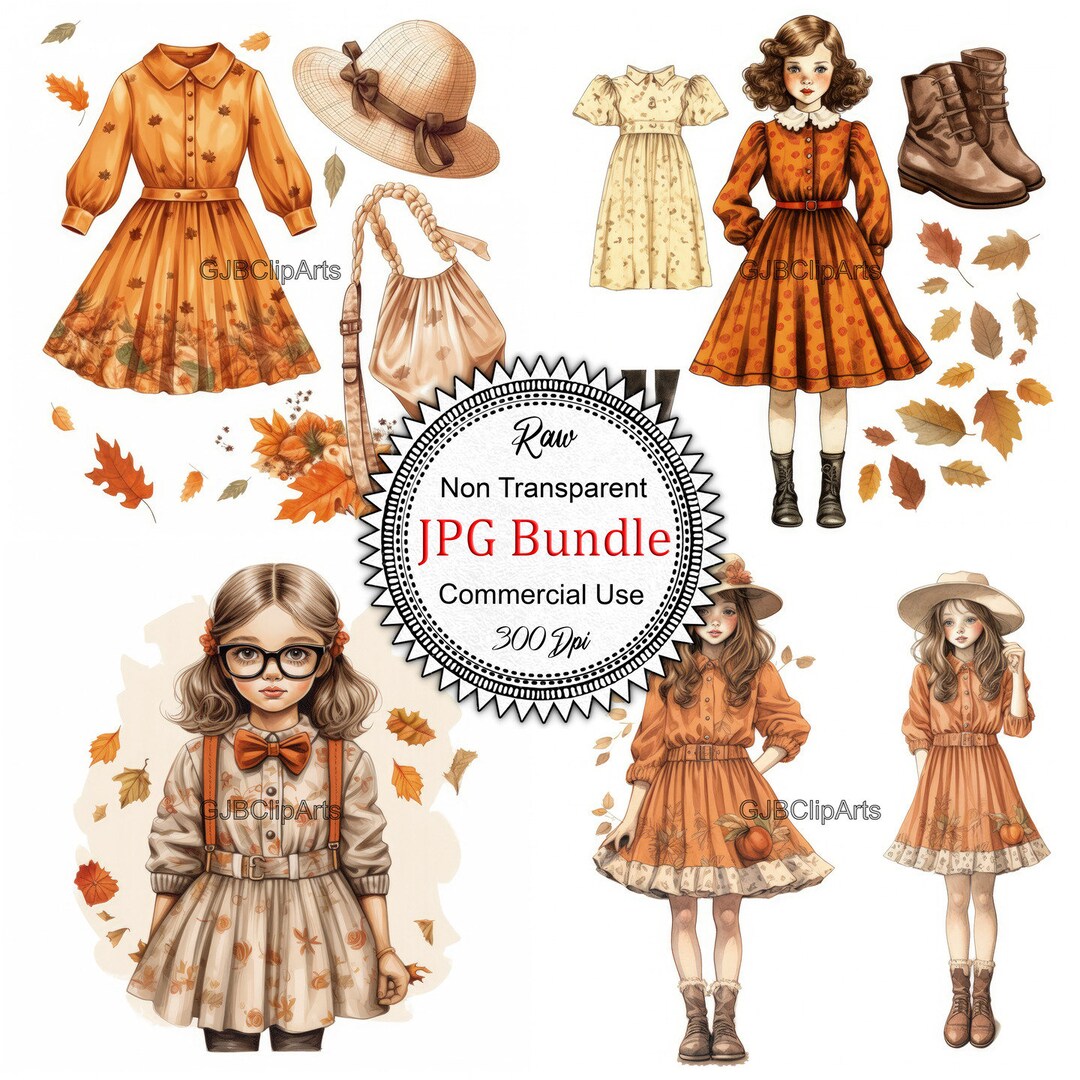 Vintage Fall Dress Girl Clipart, Autumn Clipart, Cute Girl Clipart ...