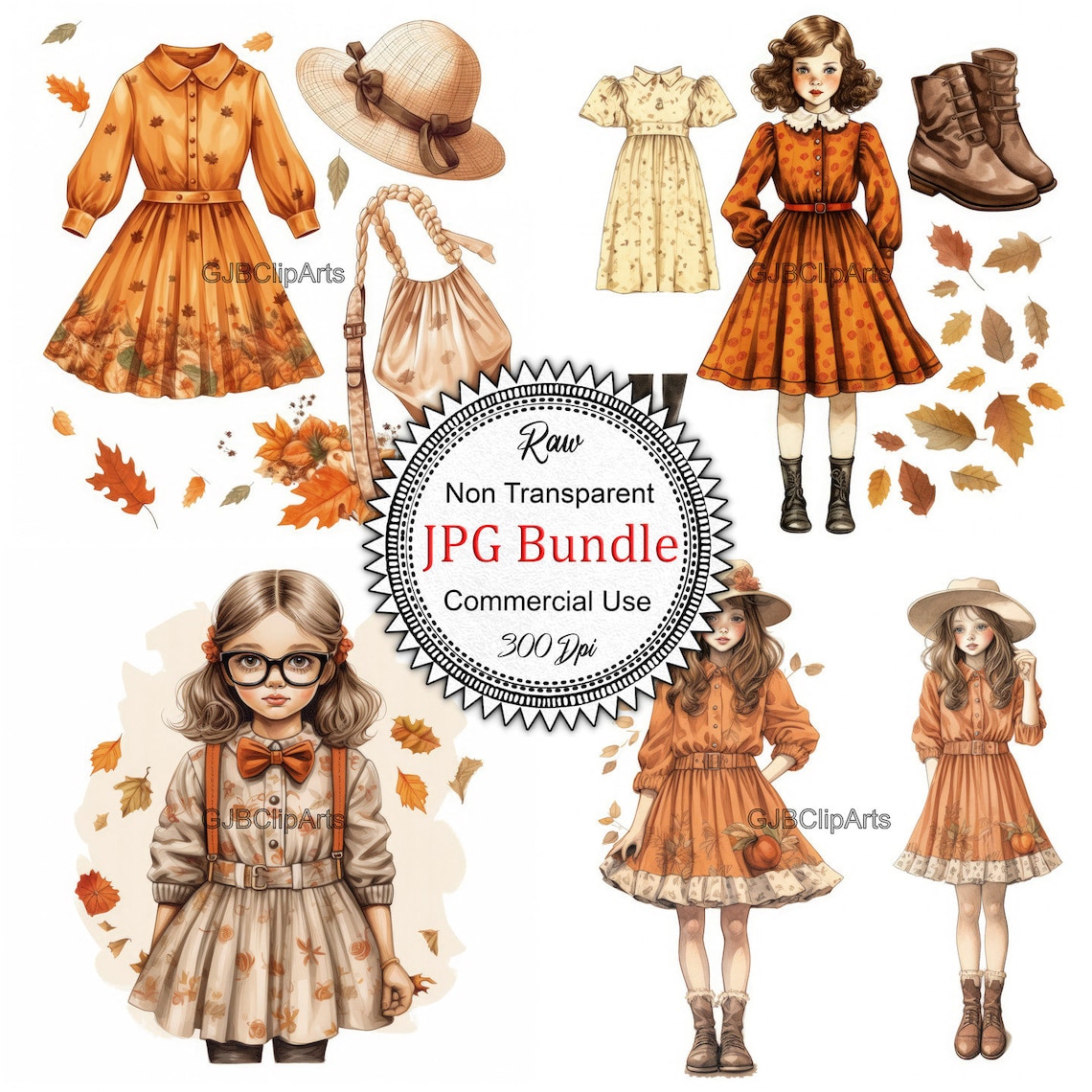 Vintage Fall Dress Girl Clipart Autumn Clipart Cute Girl - Etsy