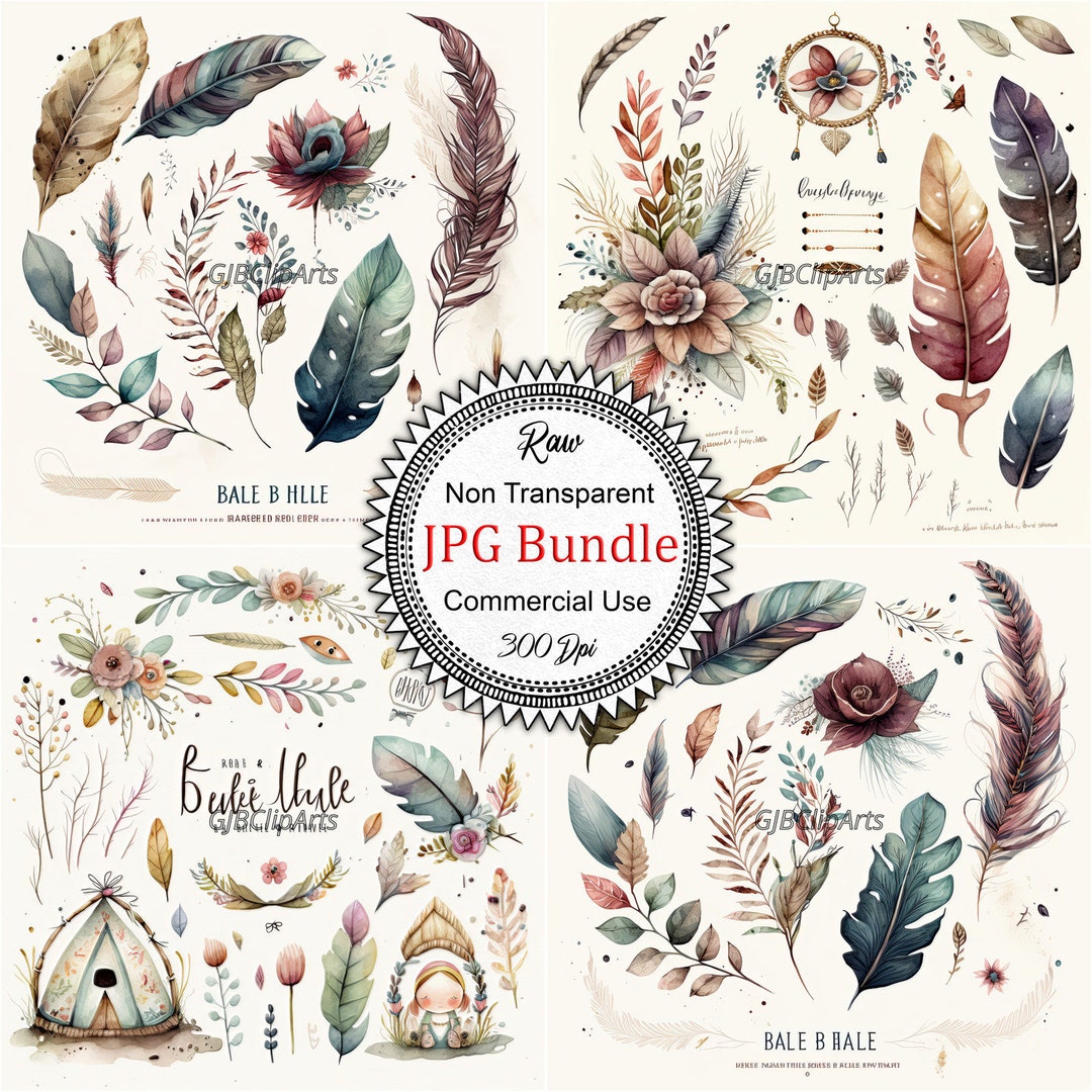 Cute Boho Collection: Watercolor Flowers, Leaves, Feathers Clipart ...