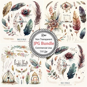 Cute Boho Collection: Watercolor Flowers, Leaves, Feathers Clipart ...