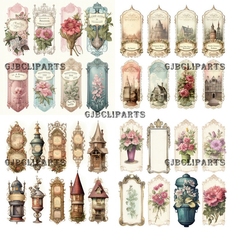 Victorian Cottage Tall Ornate Labels Clipart, Junk Journal Book Vintage ...