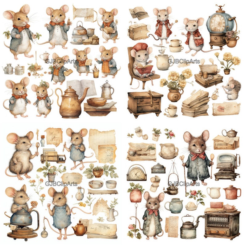Vintage Mice Junk Journal Kit Clipart ,mouse Clipart Cheese Clipart ...