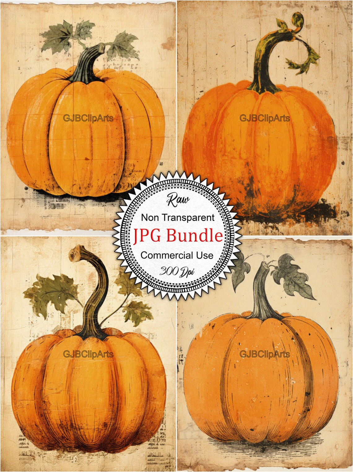 Orange Pumpkin Lithograph Clipart Fall Clipart Harvest Clipart ...