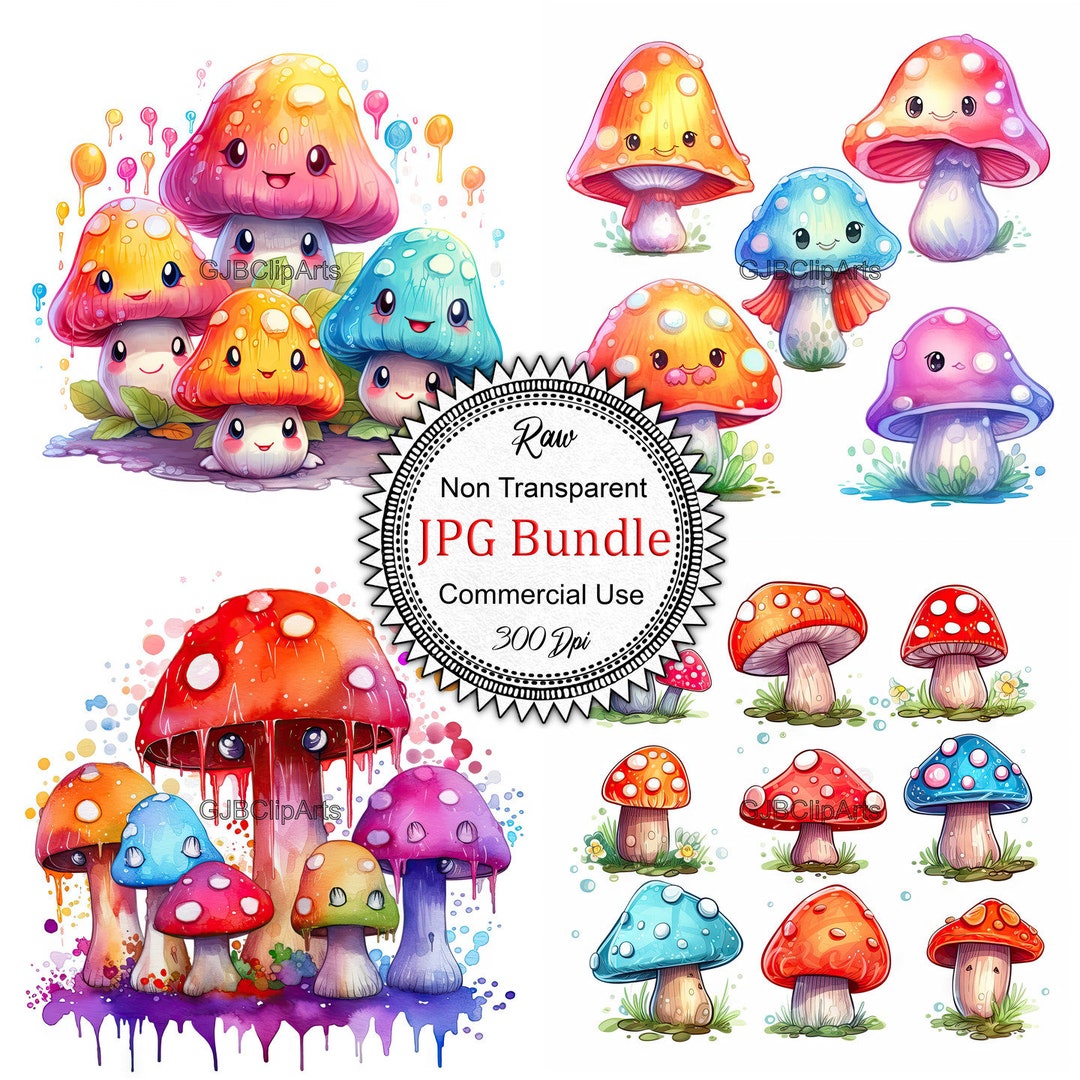 Watercolor Mushroom Clipart Paint Splash Vivid Colors, Kawaii Mushrooms ...