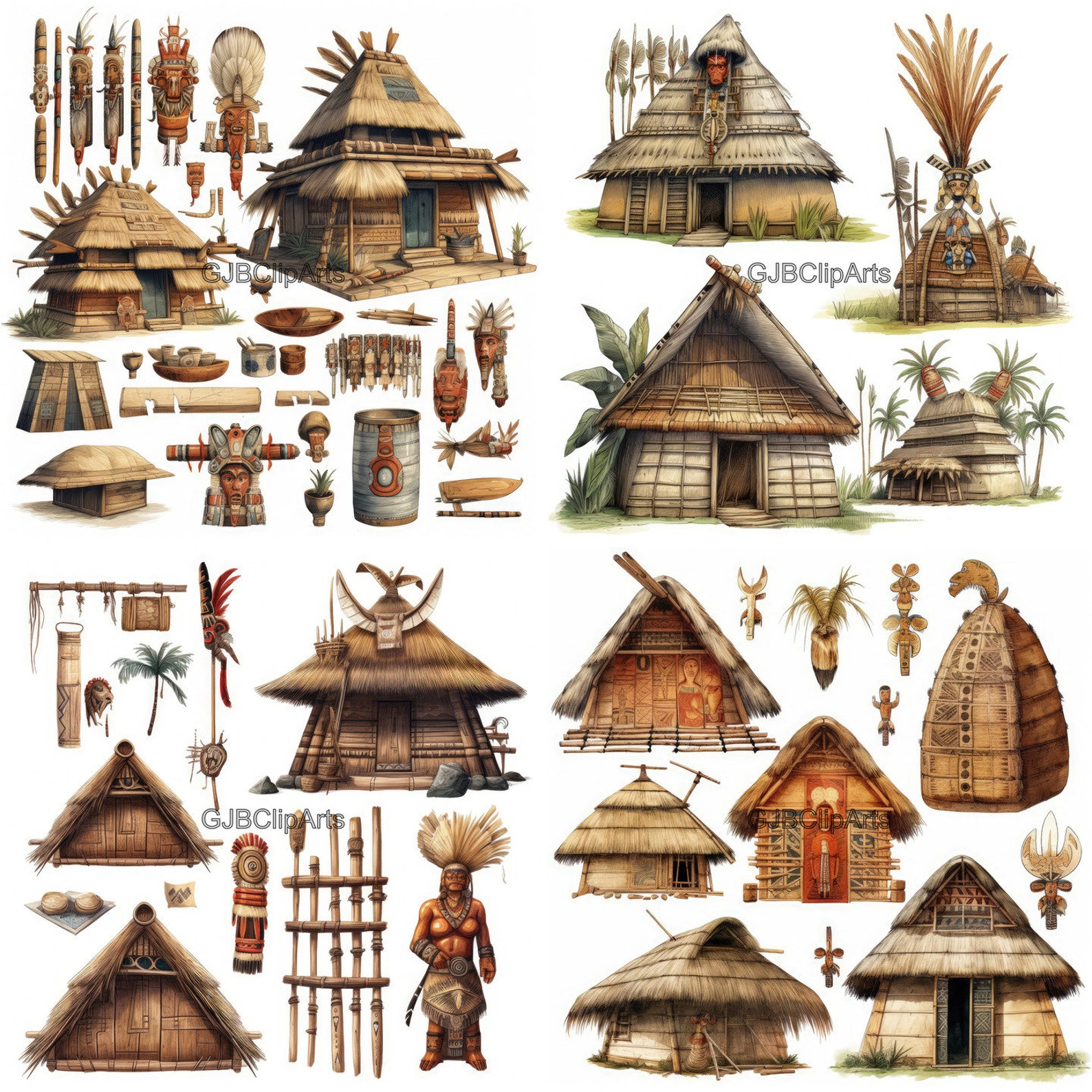Vintage Taíno Chief House Clipart, Hut Clipart, Palm Tree Clipart ...