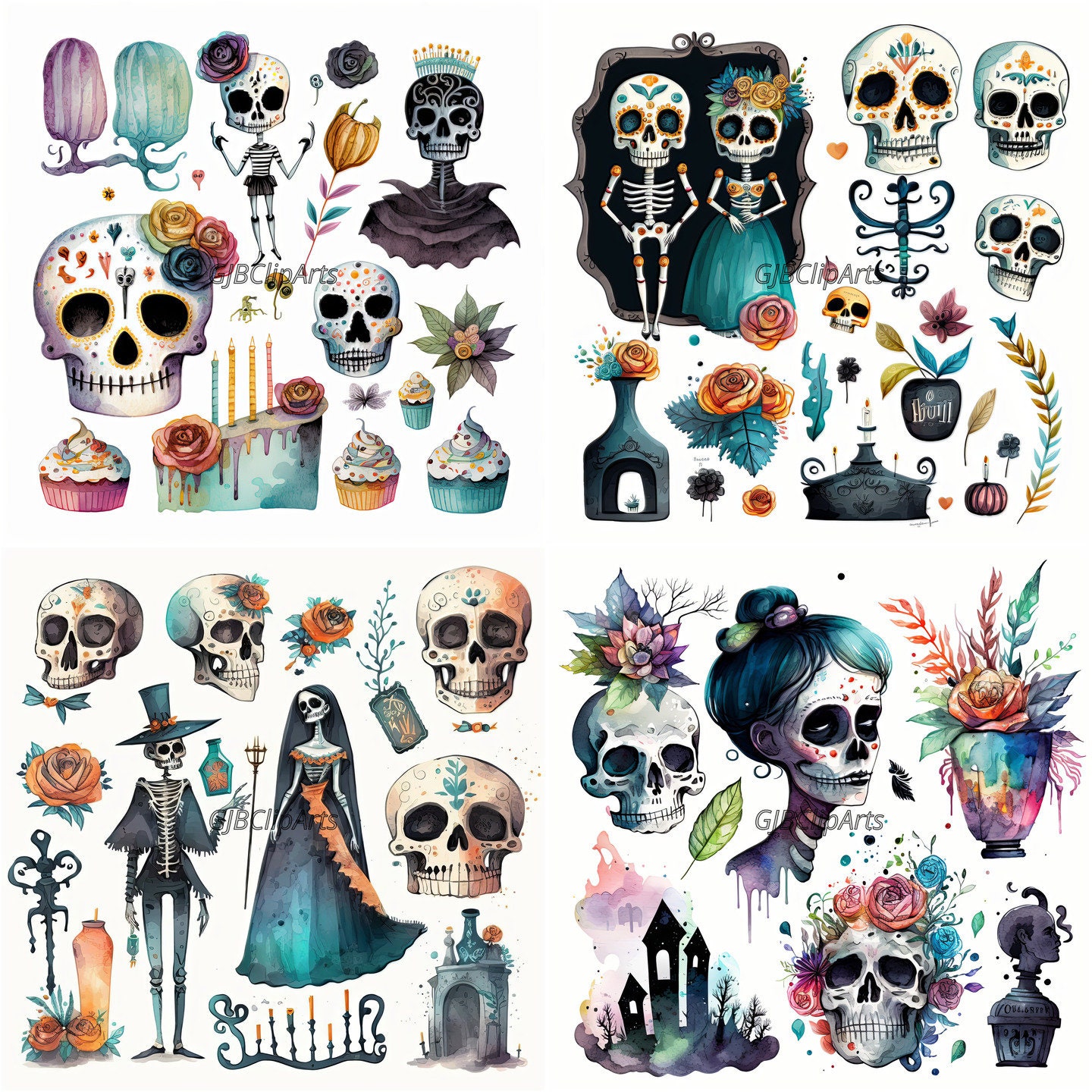Dark Boho Whimsical Halloween Watercolor Clip Art Collection, Spooky ...