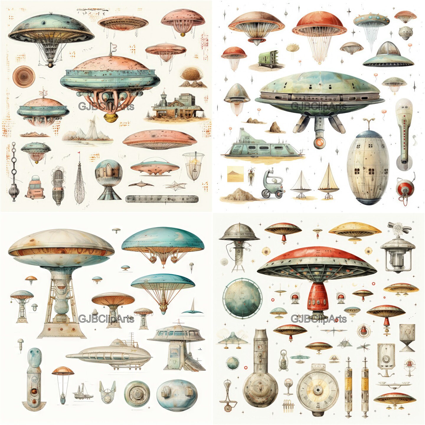 Vintage UFO Junk Journal Kit Clipart, UFO Clipart Alien Clipart ...