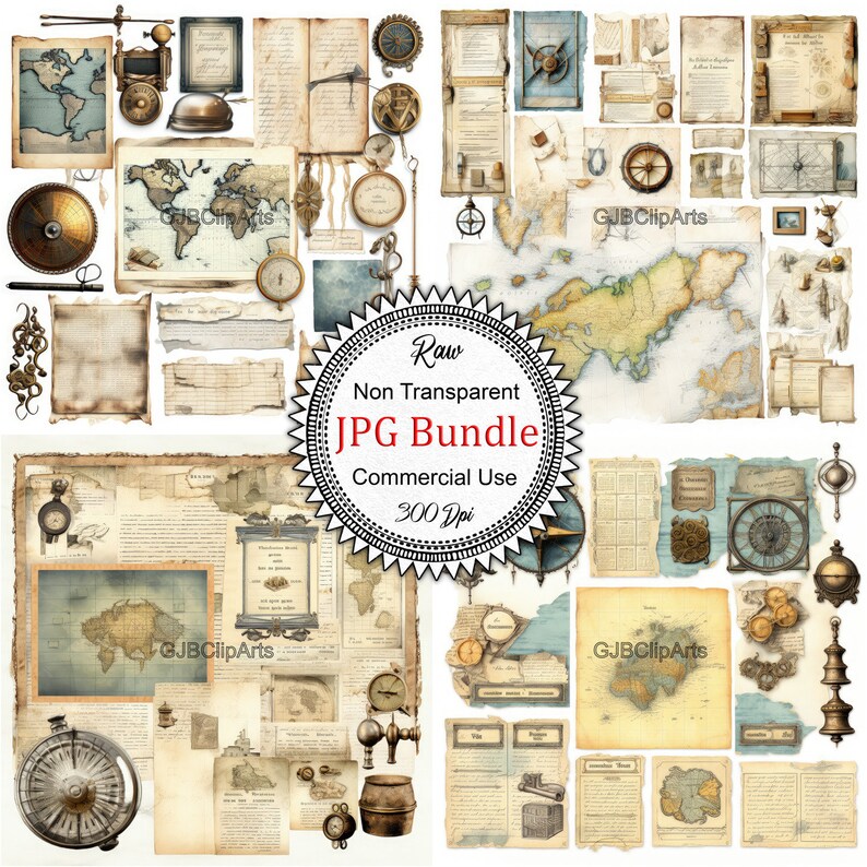 Vintage Maps Junk Journal Kit Clipart ,map Clipart Compass Clipart ...