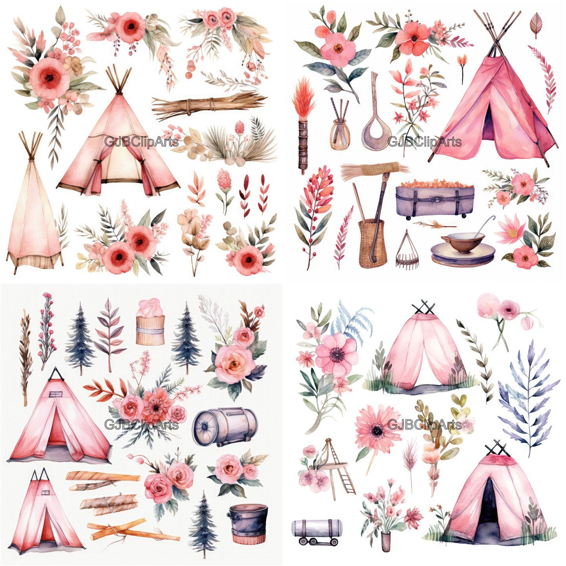 Watercolor Boho Camping Clipart, Journaling Bag, Junk Journals digital ...