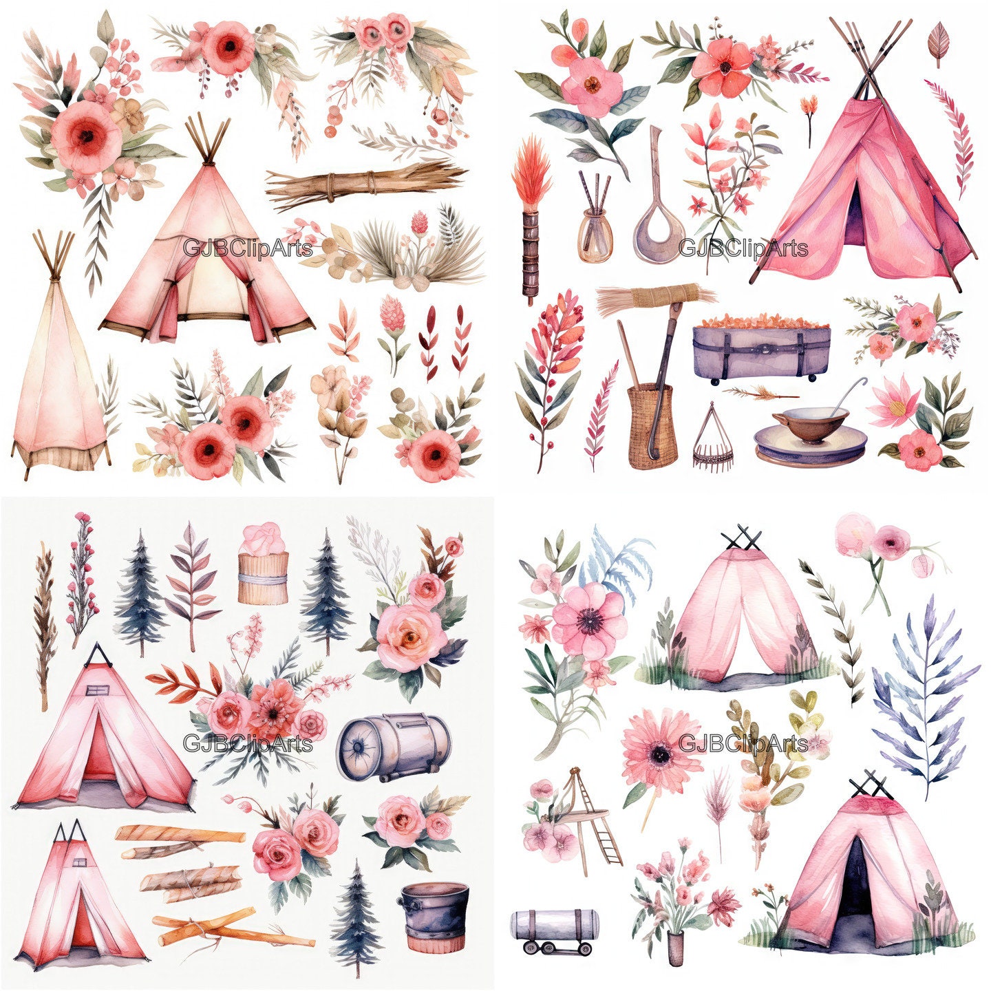 Watercolor Boho Camping Clipart, Journaling Bag, Junk Journals -digital ...